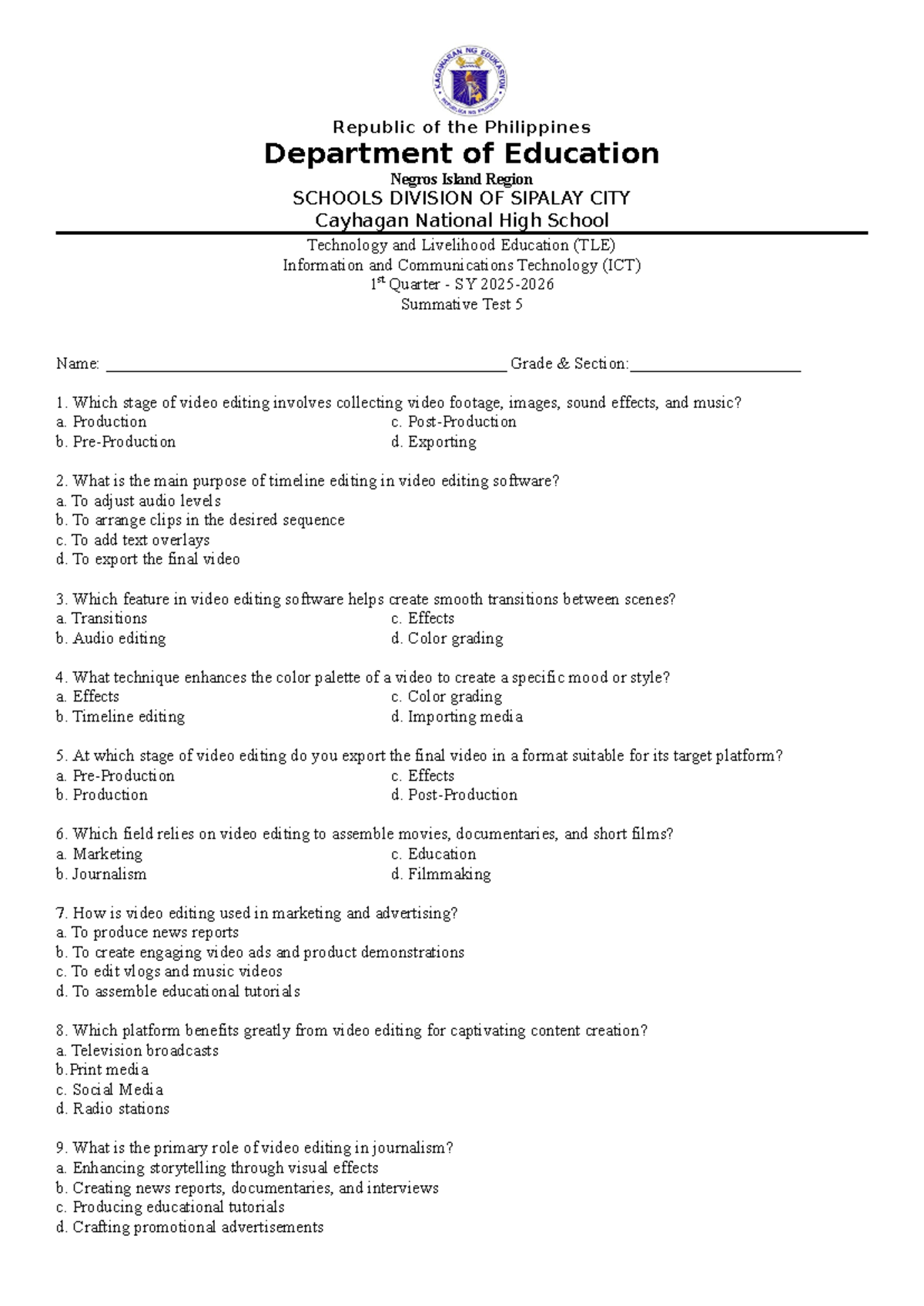 TLE 1st Quarter Summative Test: Video Editing Concepts - Studocu