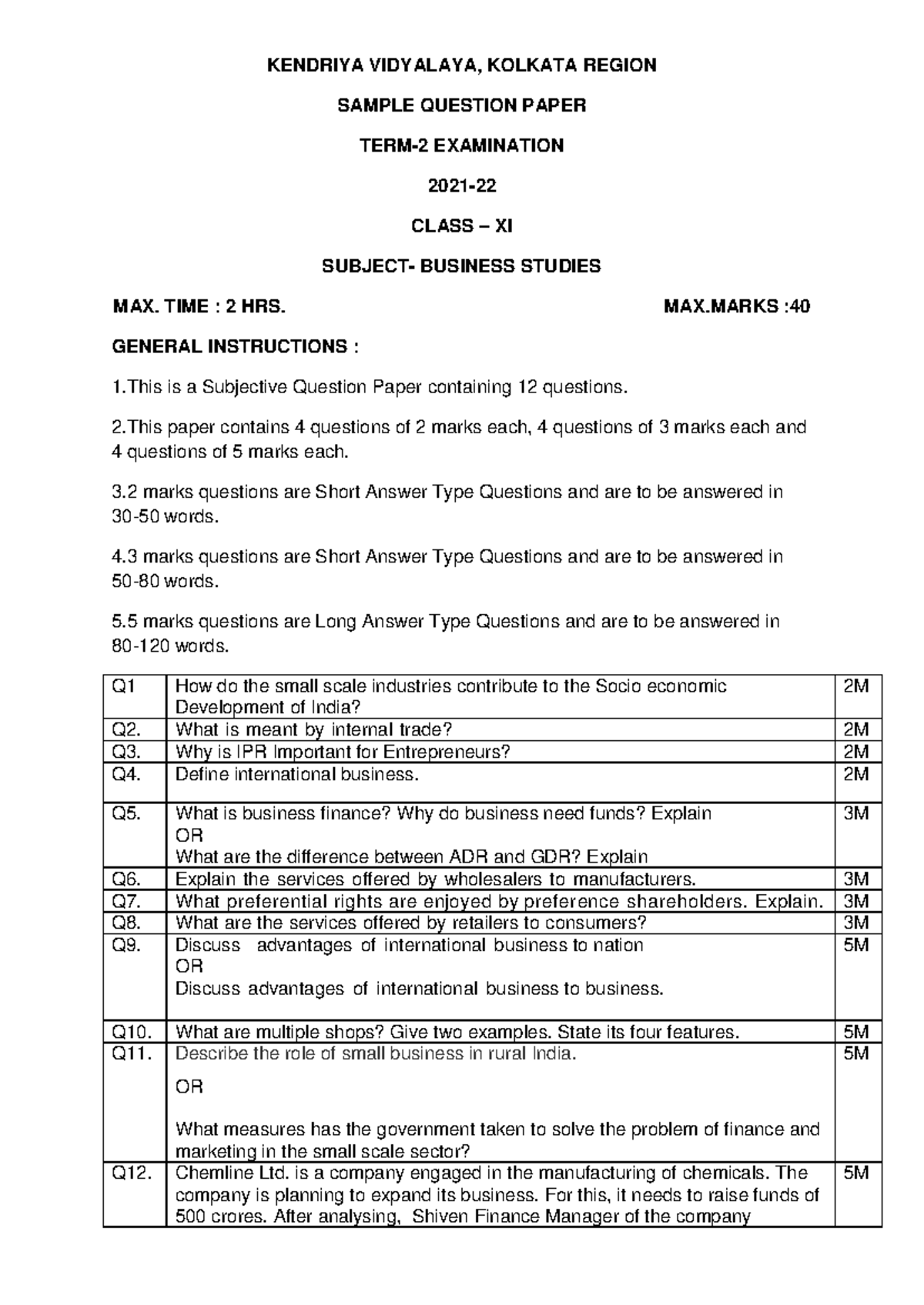 Sp XI bst - Sample question paper for business studies exam - Studocu