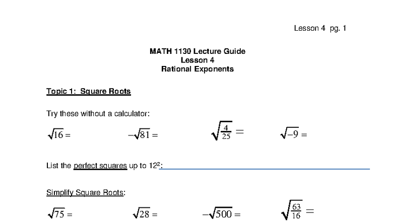 Lesson 4: Rational Exponents & Square Roots - MATH 1130 Lecture Guide ...