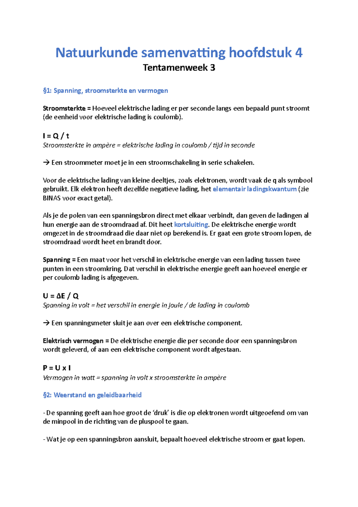 Samenvatting Natuurkunde Hoofdstuk 4: Spanning, Stroom en Weerstand ...