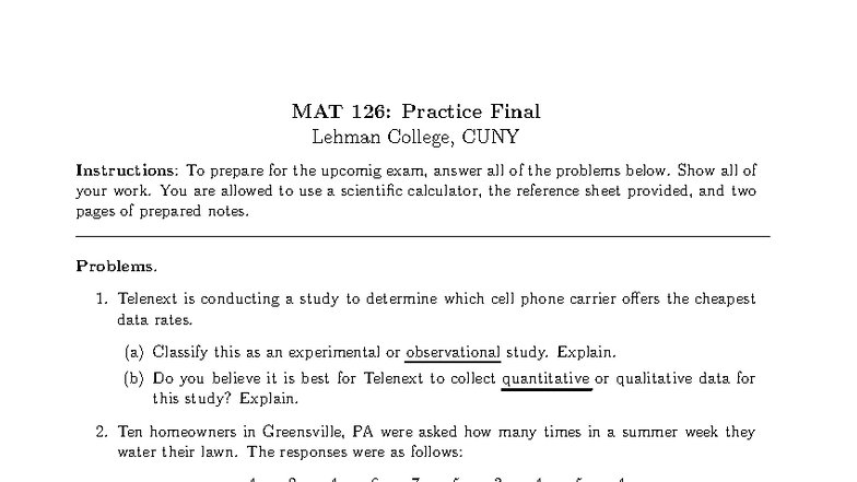 MAT 126: Fall 2025 Sample Final Exam Review Guide - Studocu