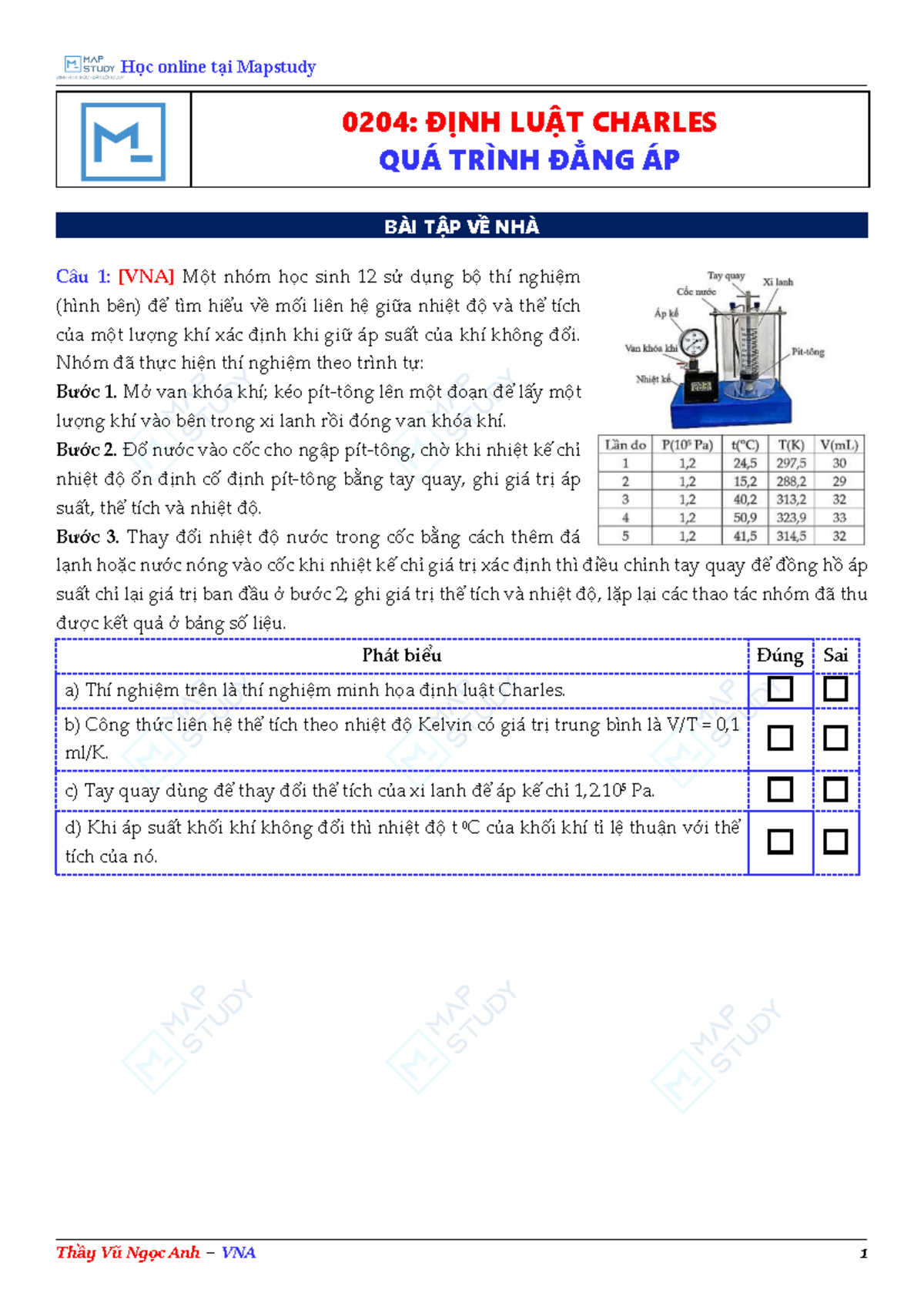 0204 - Định Luật Charles: Bài Tập Thí Nghiệm Quá Trình Đẳng Áp - Studocu
