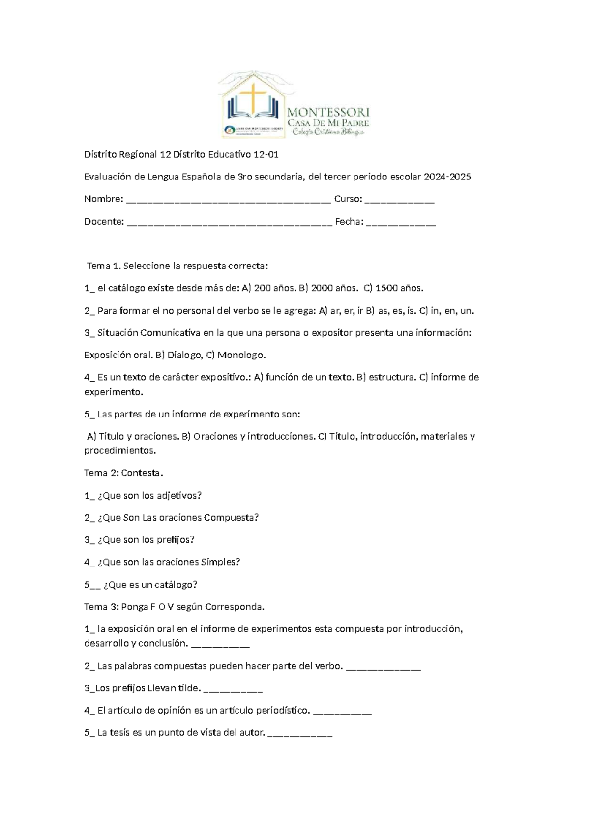 Examen de Lengua Española 3ro Sec. 3er Periodo 2025 - Studocu