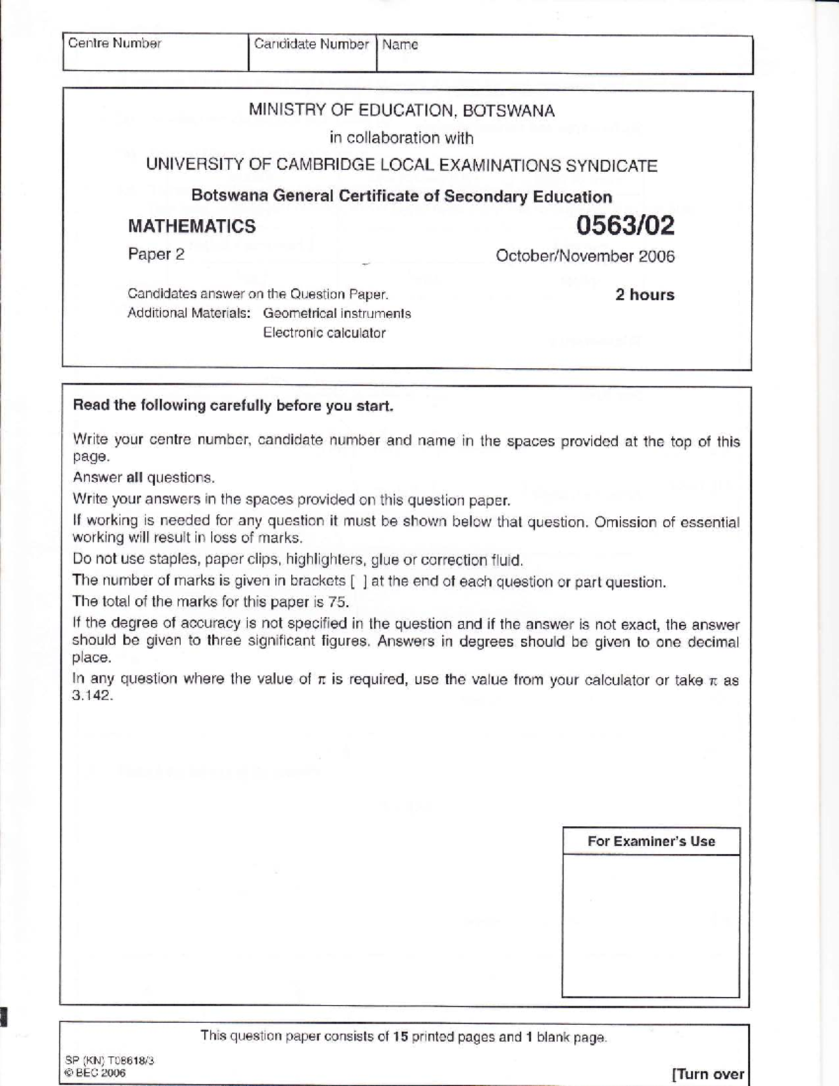 BGCSE Mathematics Paper 2 2006 - Candidate Work - Studocu