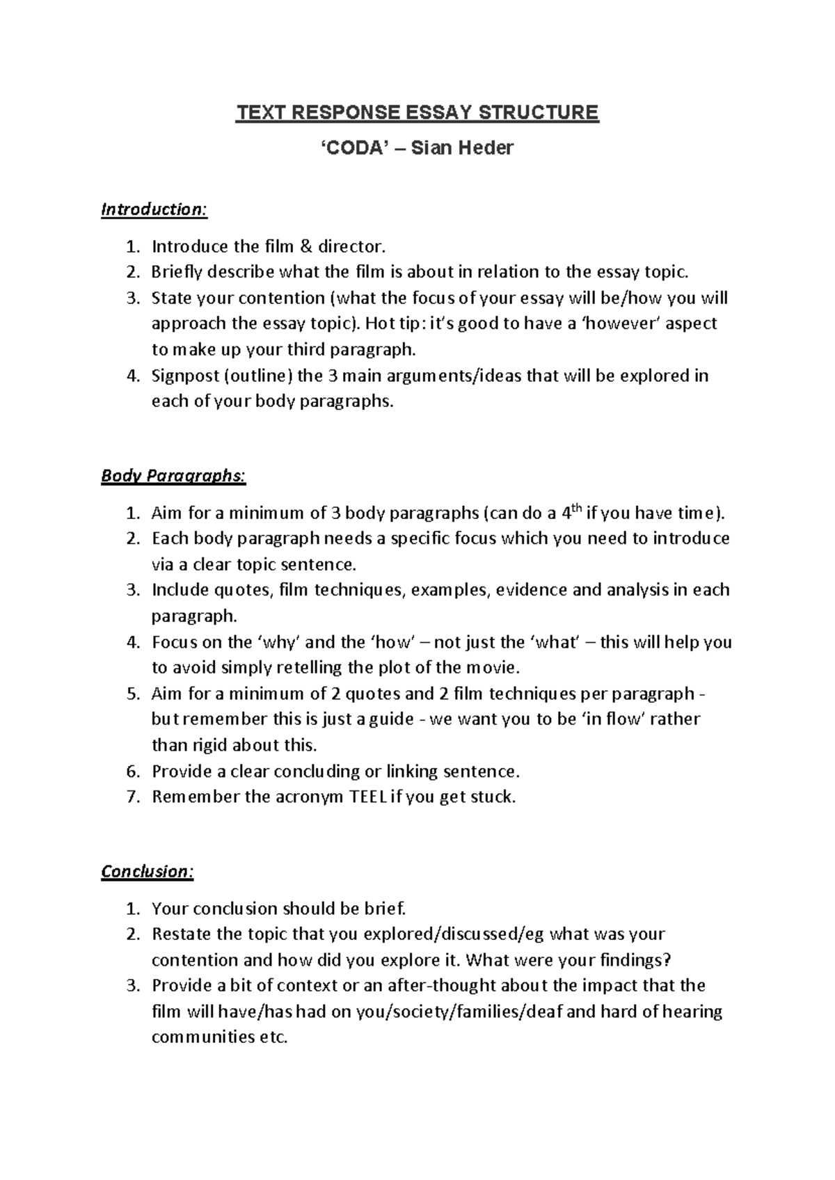 TEXT RESPONSE ESSAY STRUCTURE: A Guide for Film Analysis - Studocu