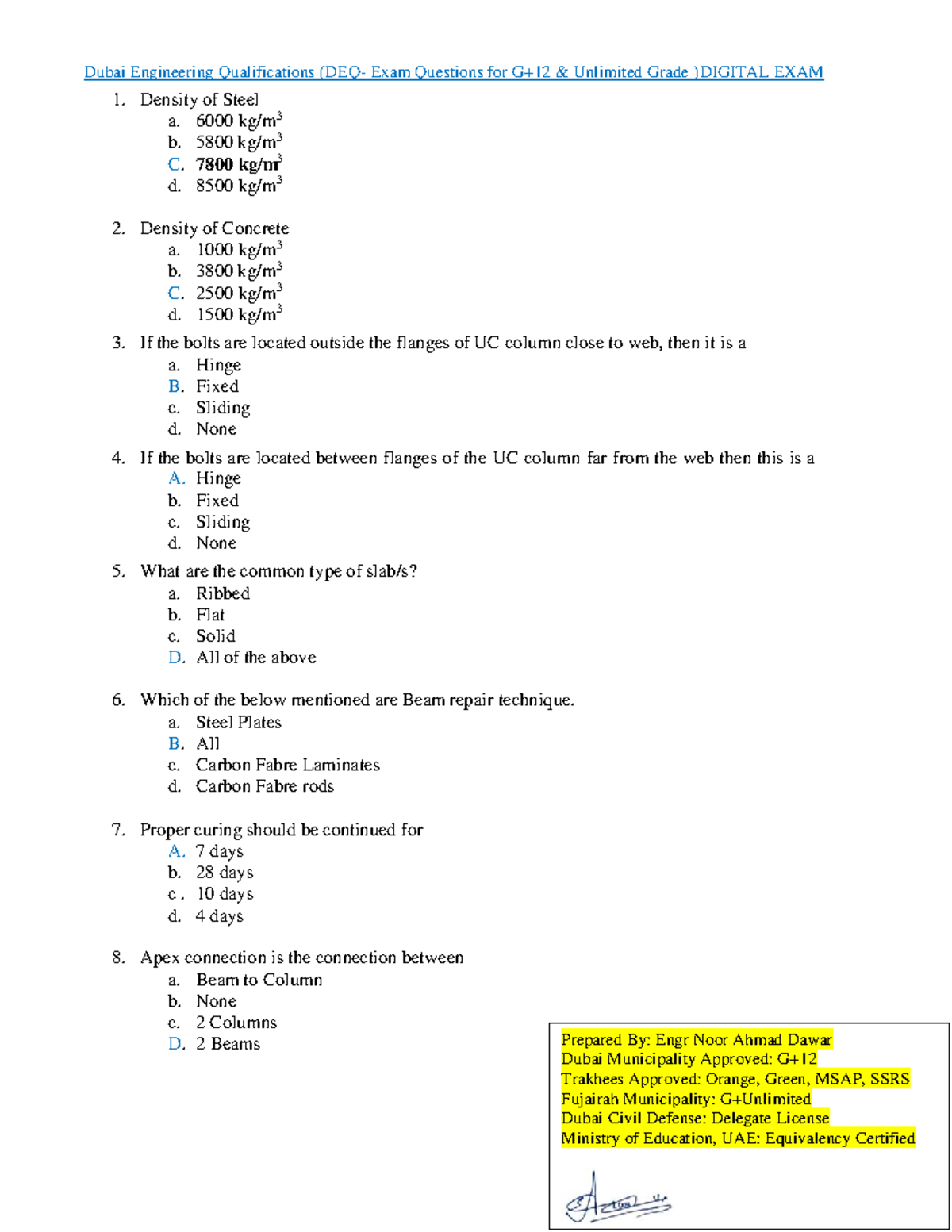 Dubai Engineering Exam Questions (DIGITAL EXAM) - MCQs on RCC & Steel ...