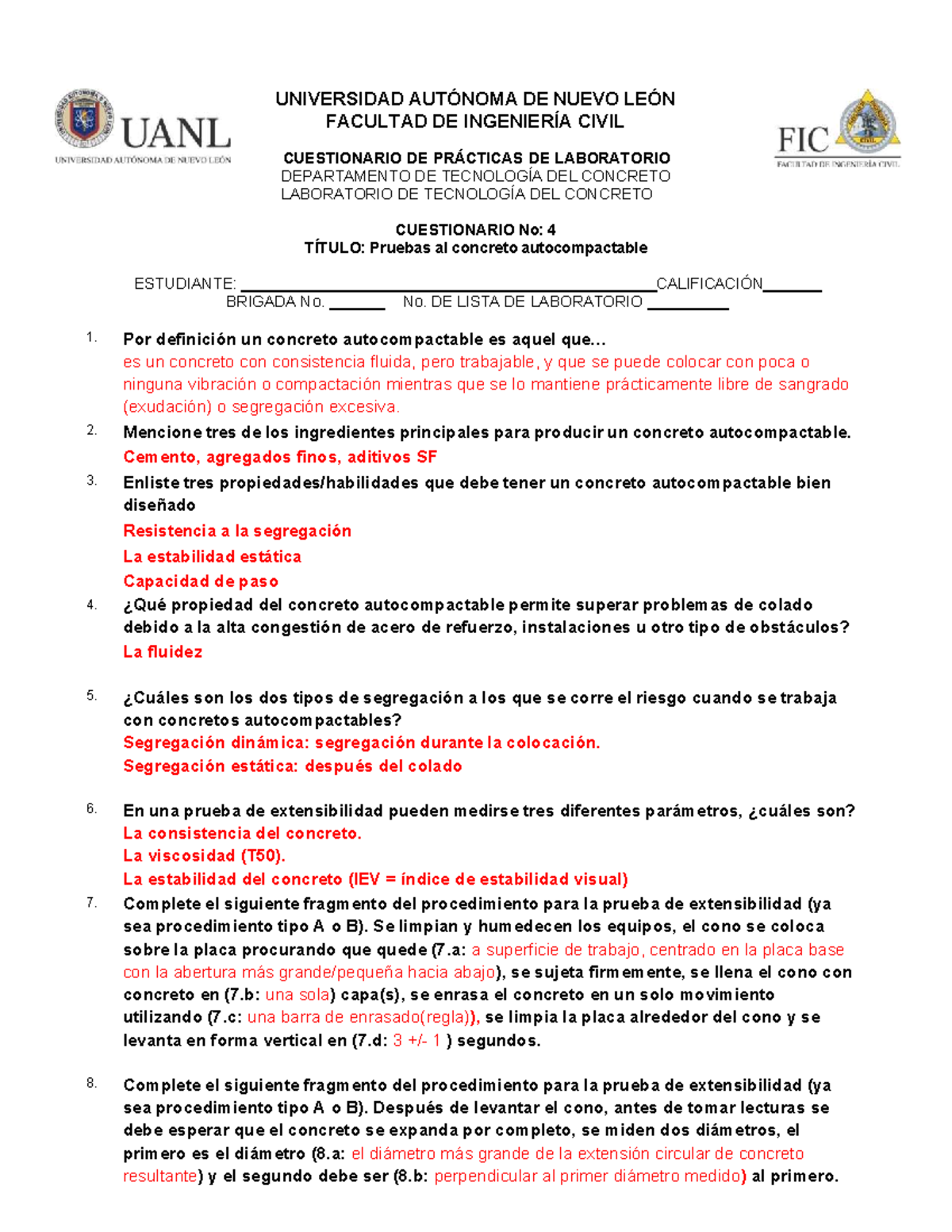 Cuestionario 4 - Pruebas de Concreto Autocompactable - DDCG - Studocu