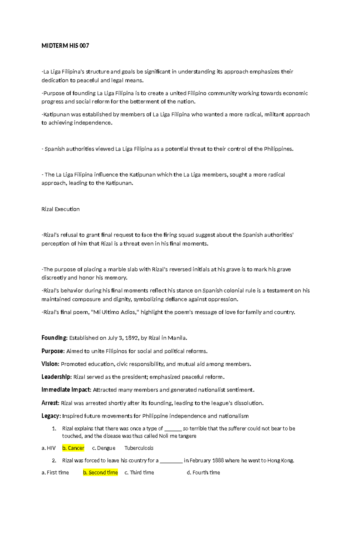 MIDTERM HIS 007: Understanding La Liga Filipina's Structure and Goals ...