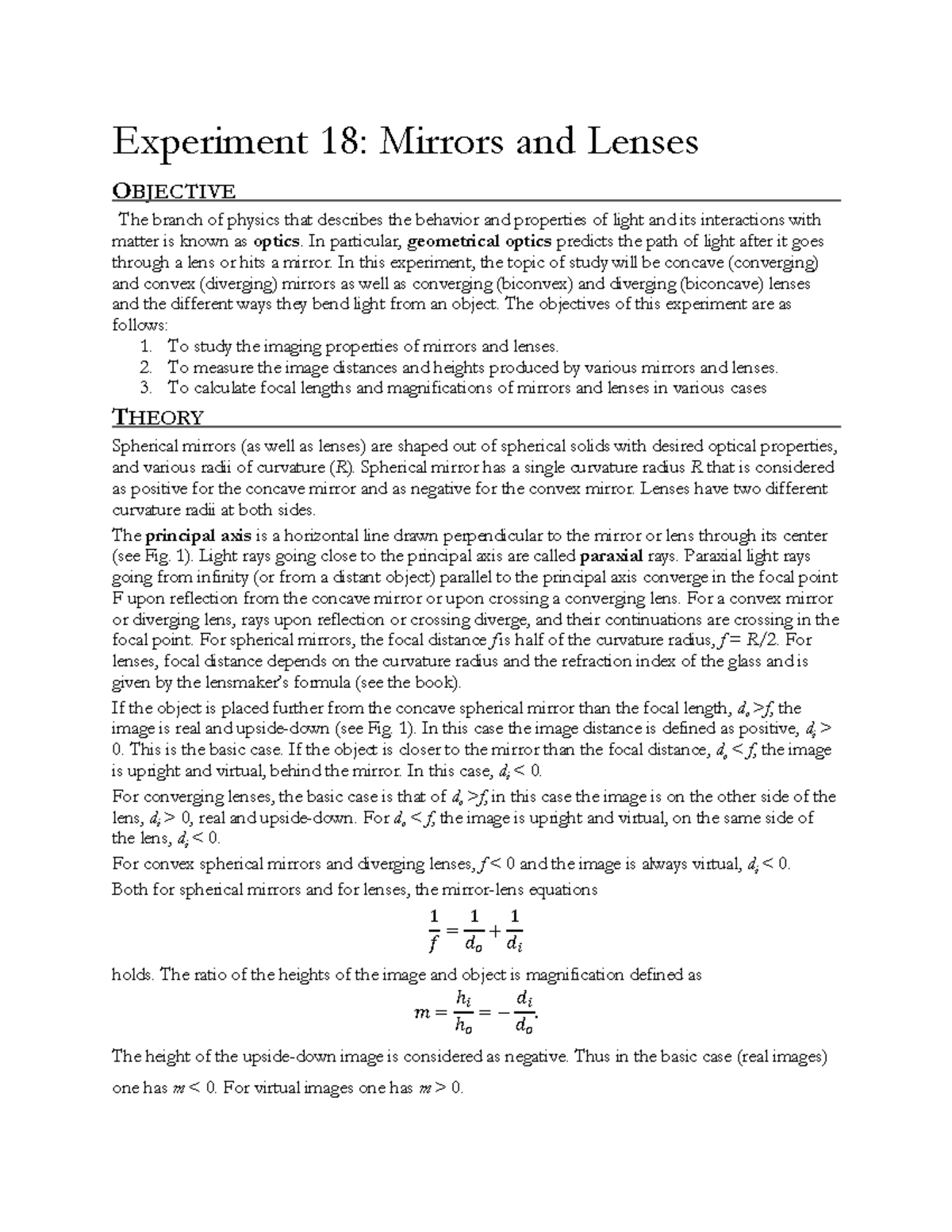 Experiment 18: Mirrors and Lenses - Optical Properties and Measurements ...
