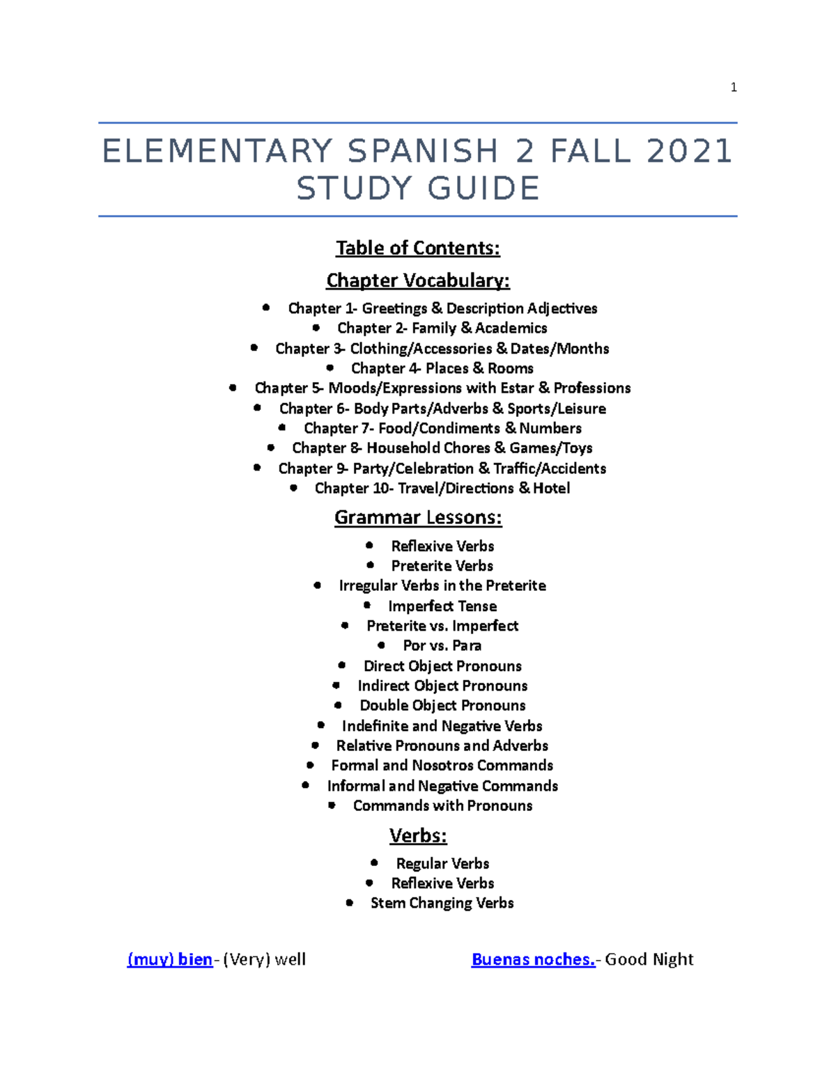 Elementary Spanish 2 Study Guide Fall 2021: Vocabulary and Grammar ...