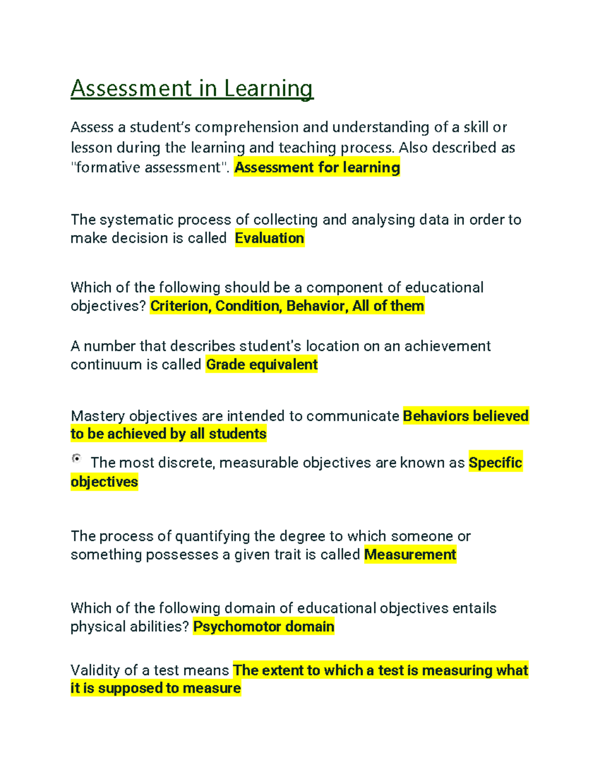 Assessment in Learning: Pre-Test Overview and Key Concepts - Studocu