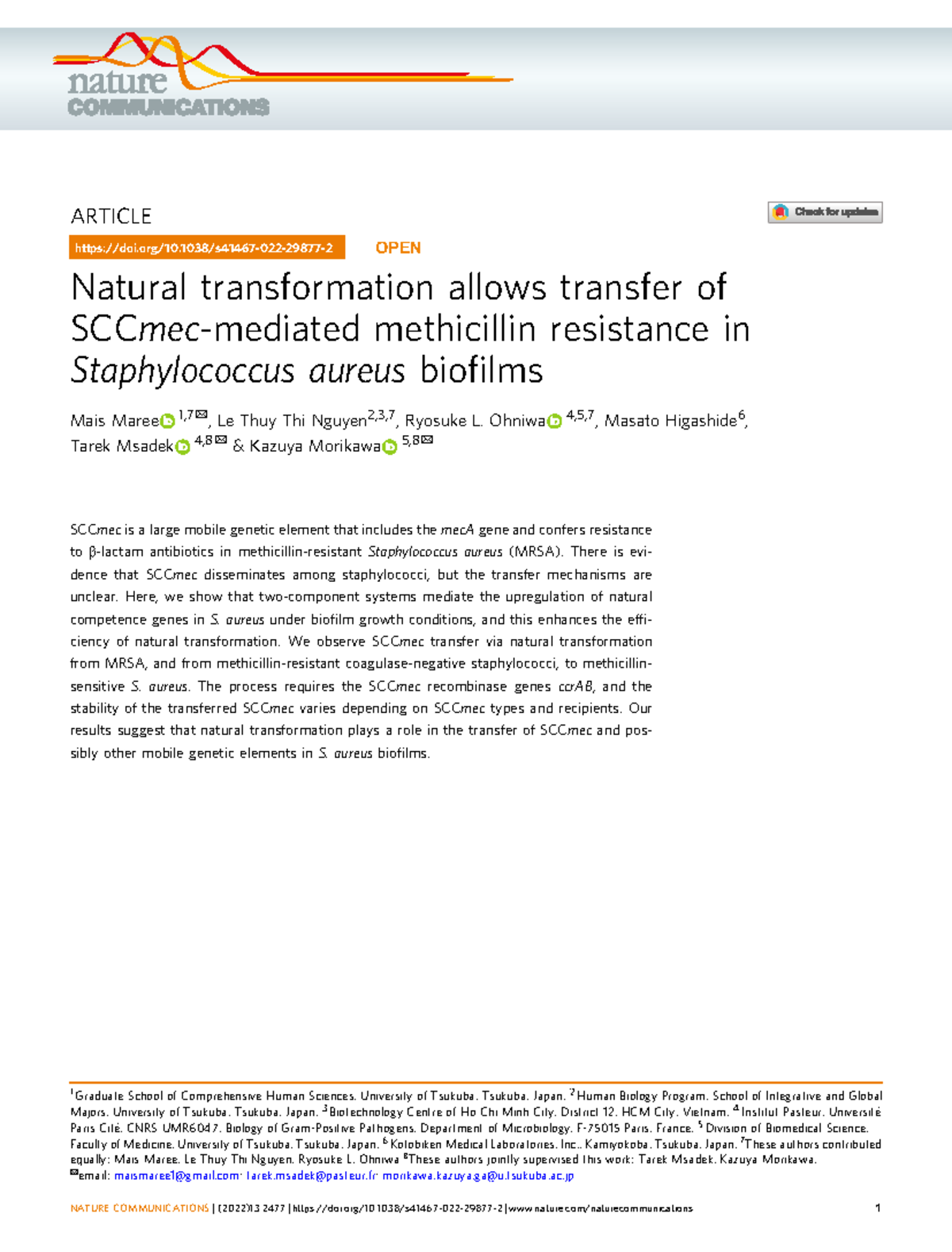 Natural Transformation and SCCmec Transfer in Staphylococcus aureus ...