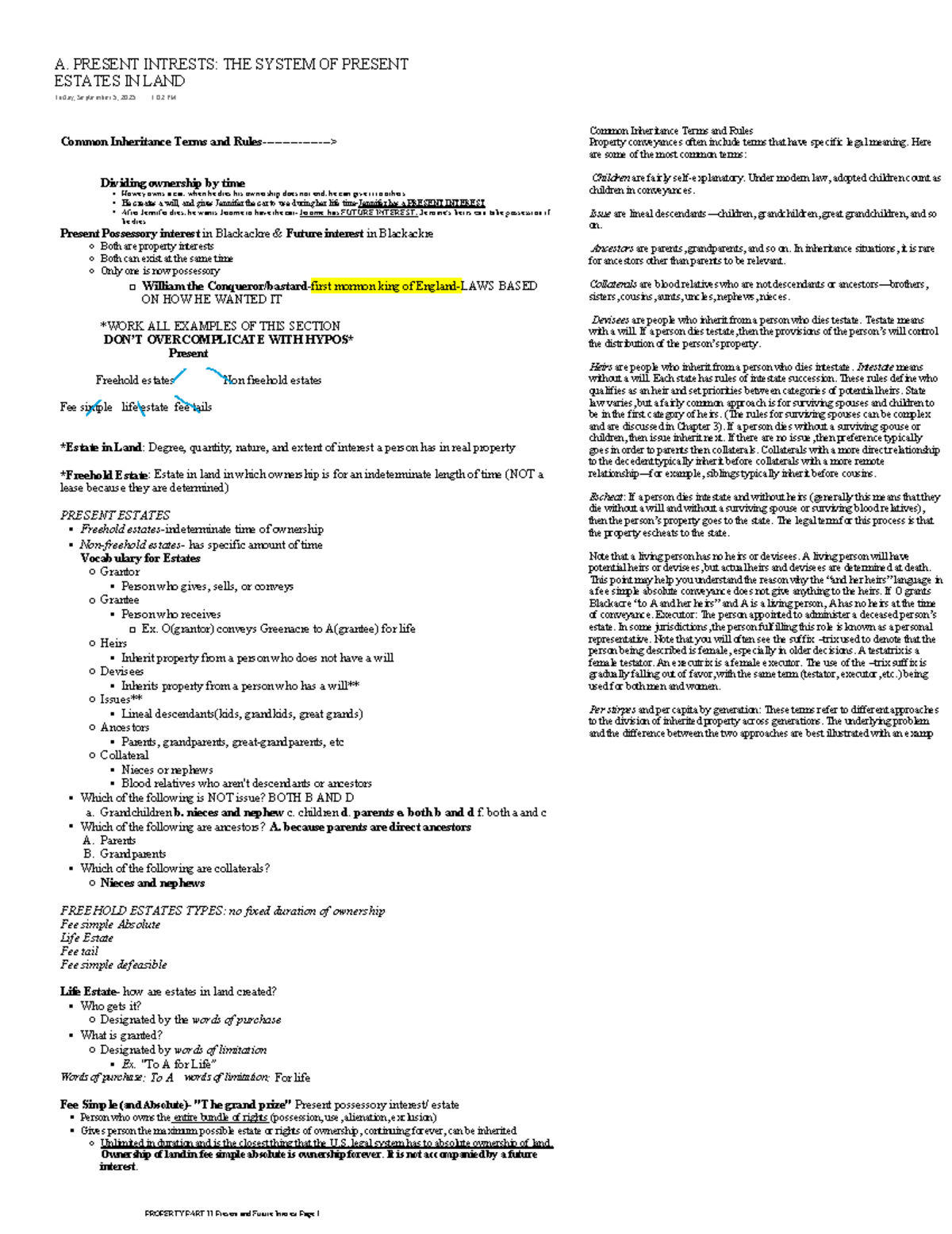 Classifying Present and Future Interests - Practice Exercises (Property ...