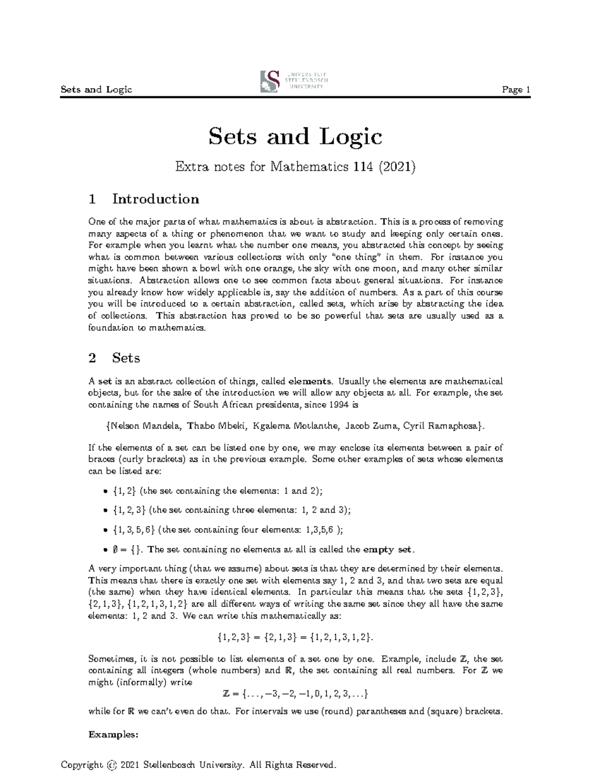 Sets And Logic Sets And Logic Extra Notes For Mathematics 114 2021 1 Introduction One Of The