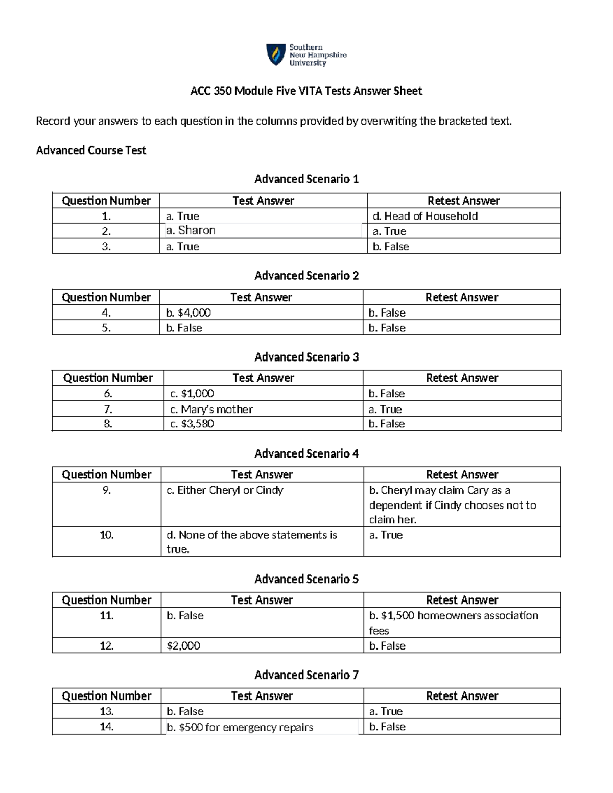 ACC 350 Module Five VITA Test Answer Sheet and Scenarios - Studocu