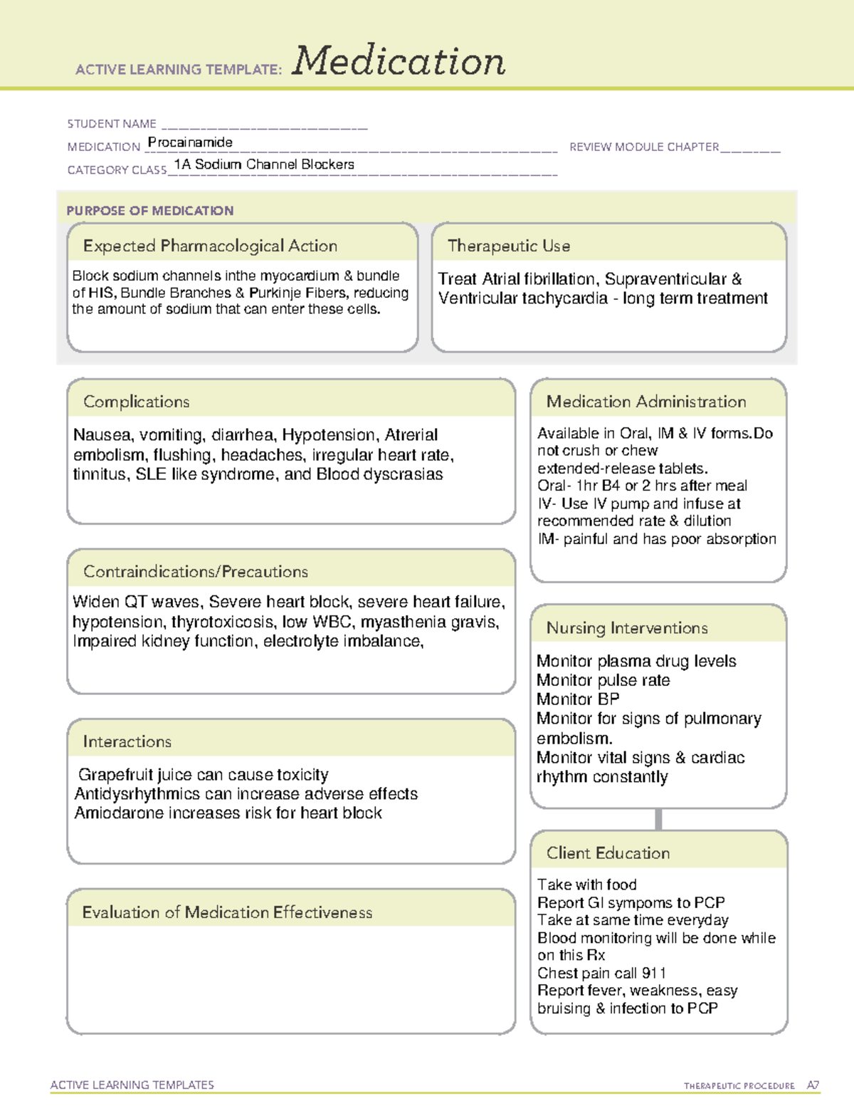 ATI Procainamide Med Sheet - Therapeutic Procedure Overview - Studocu