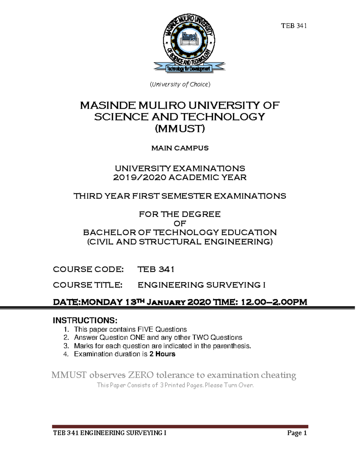 TEB 341 Final Exam: Engineering Surveying I - MMUST 2020 - Studocu