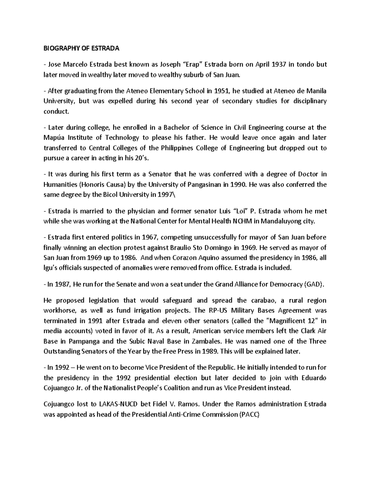 Biography of Joseph "Erap" Estrada: A Study of His Administration - Studocu