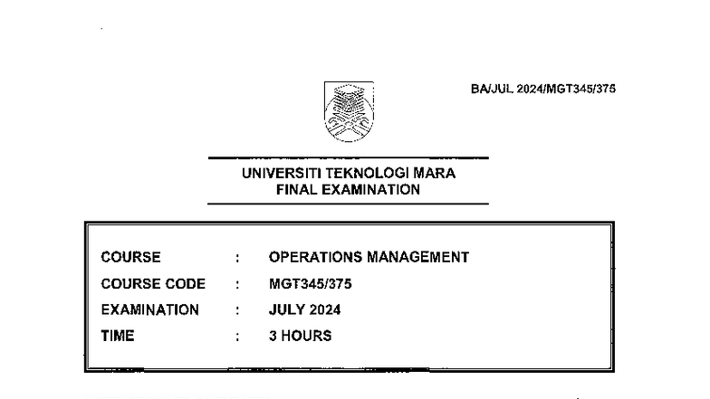 Operations Management Final Exam - July 2024 - Studocu
