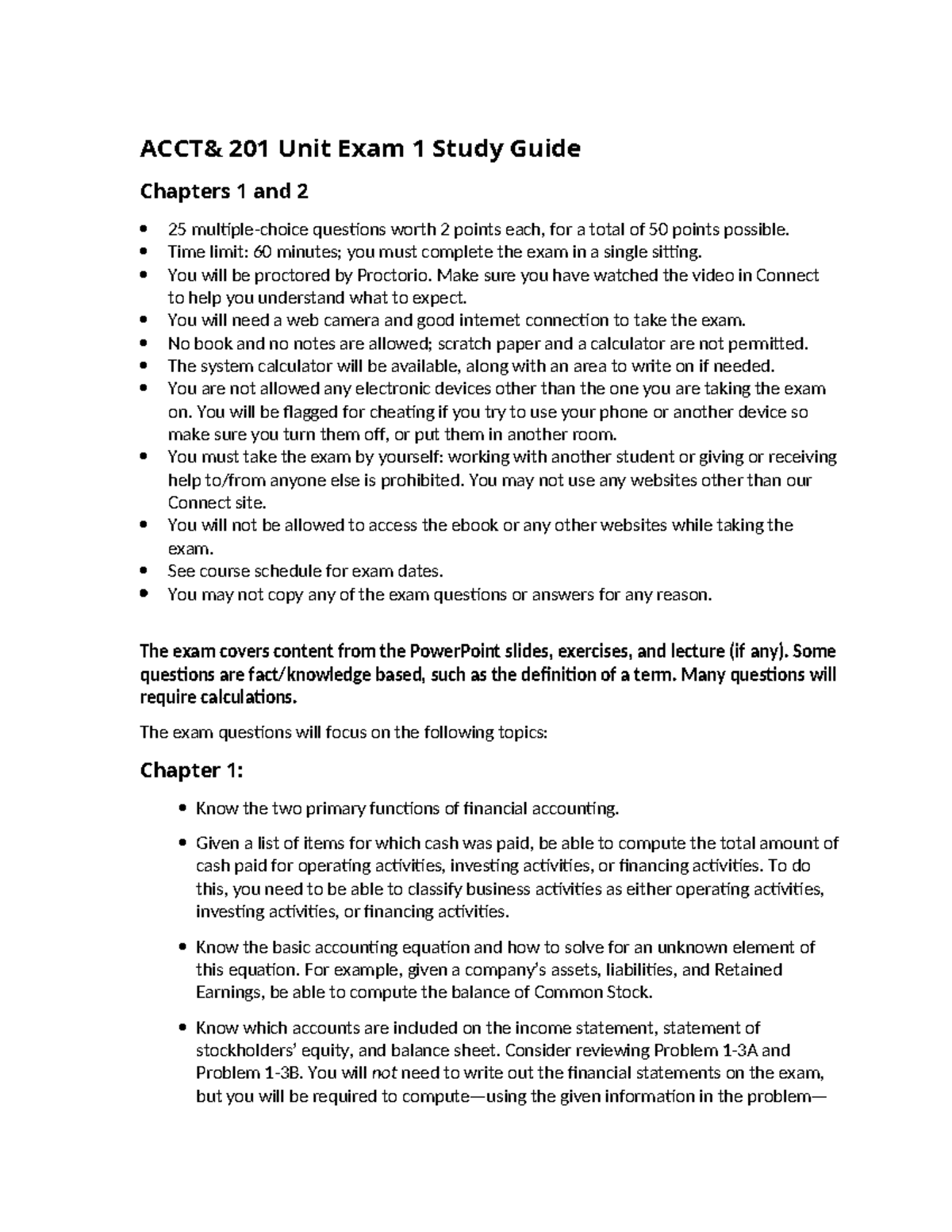 ACCT& 201 Unit Exam 1 Study Guide: Chapters 1 & 2 Overview - Studocu