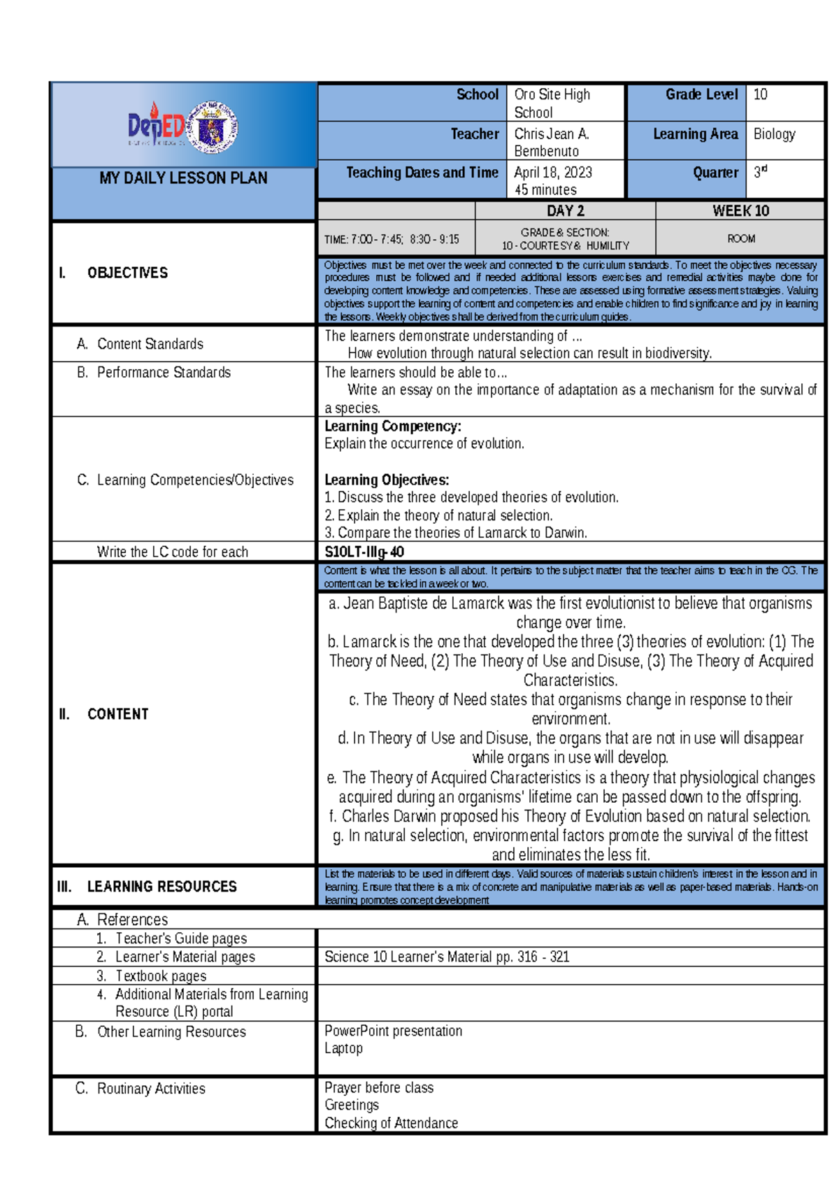 DLP - Week 10 Day 2 - Evolution & Natural Selection in Bio 10 - Studocu