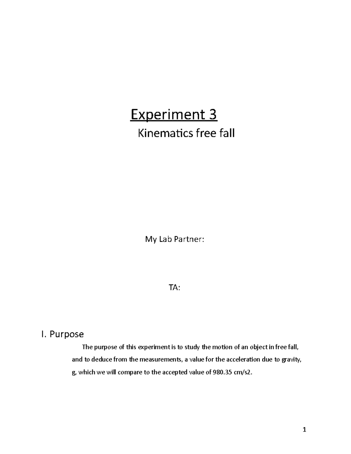 Lab 3: Kinematics of Free Fall Experiment and Gravity Calculation - Studocu