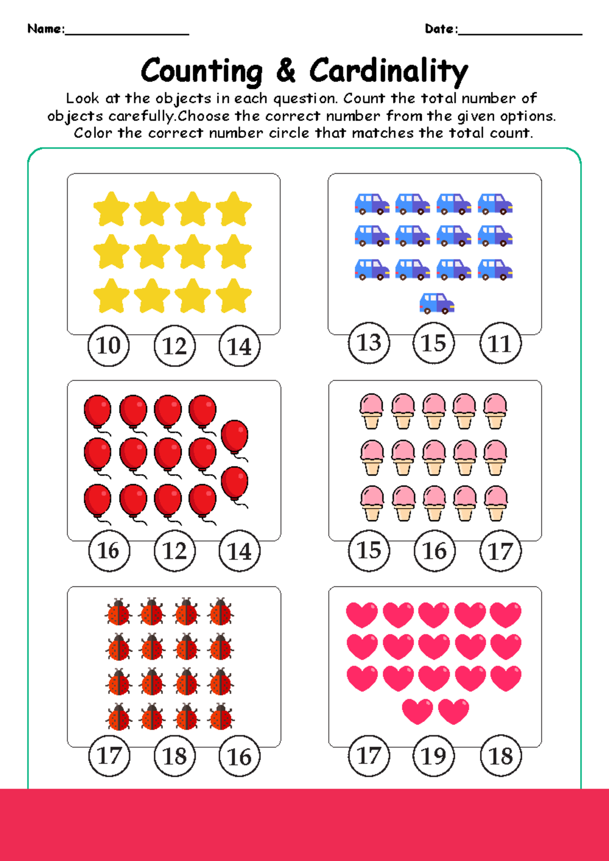 Choose the Correct Count - Kindergarten Worksheet - Name: Date ...
