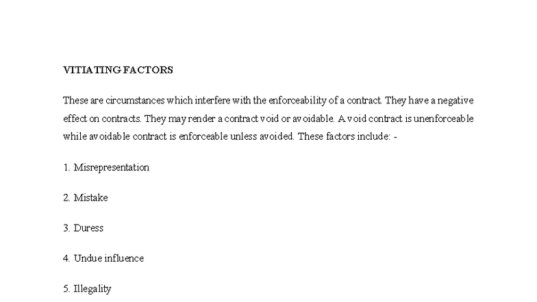 VITIATING FACTORS IN CONTRACT LAW: A COMPREHENSIVE GUIDE - Studocu