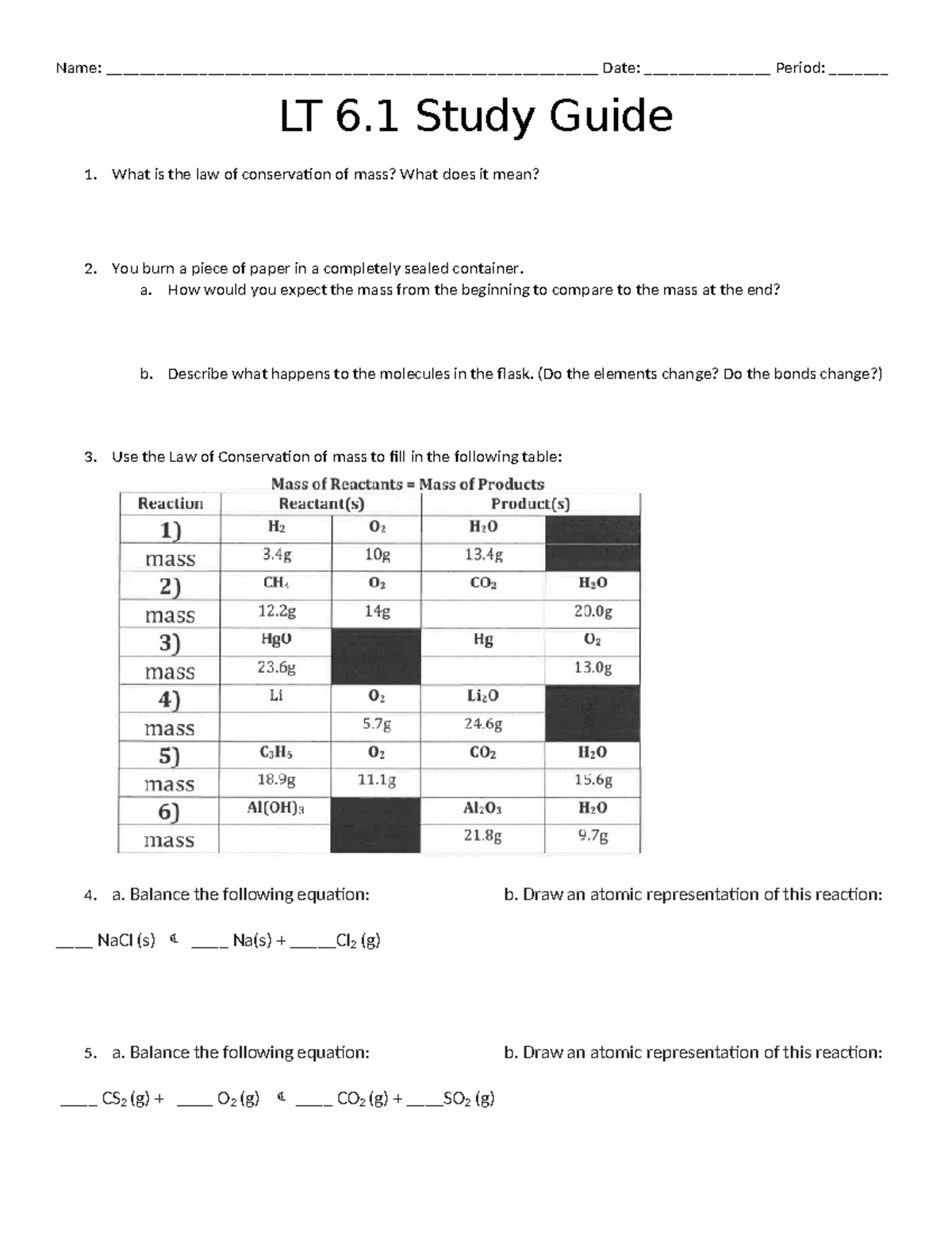 LT 6.1 Study Guide: Law of Conservation of Mass & Reactions - Studocu