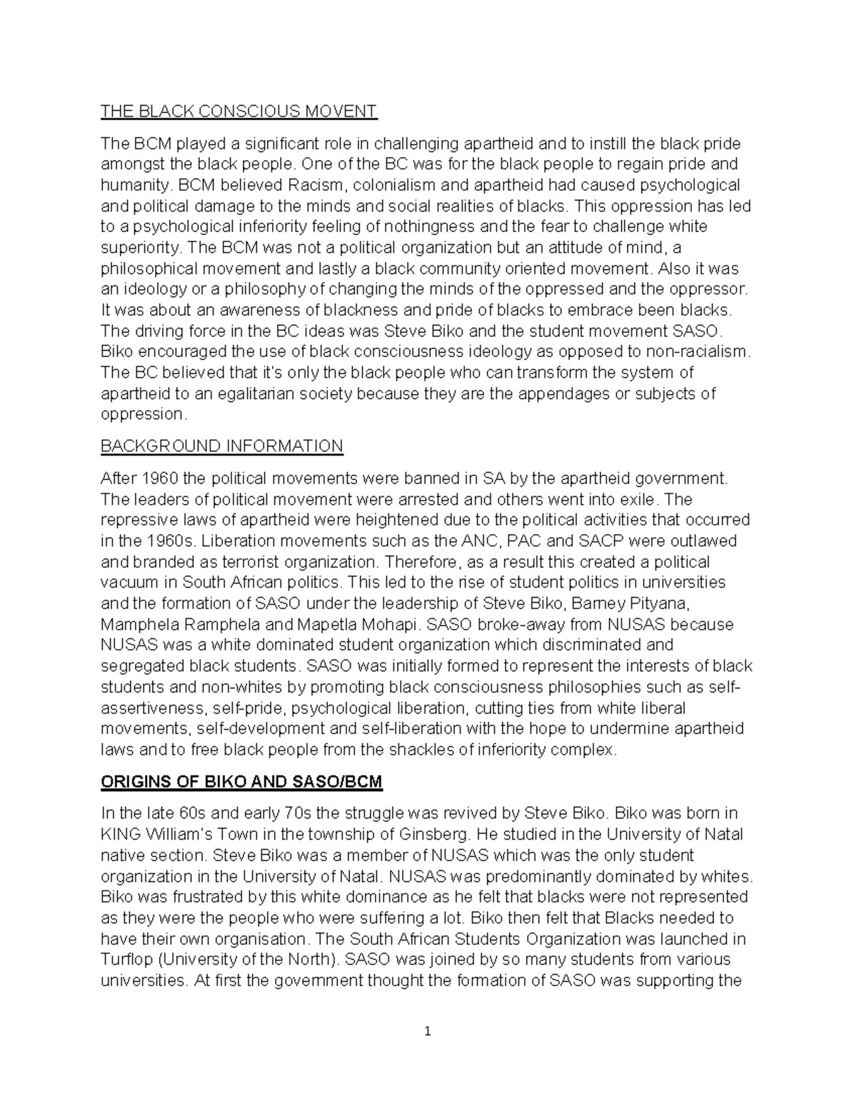 Background of the Black Consciousness Movement (BCM) Essay 093011 - Studocu