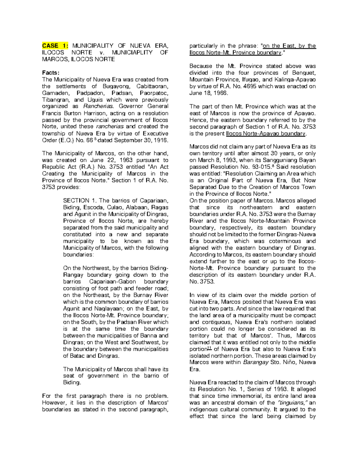 CASE STUDY: MUNICIPALITY OF NUEVA ERA v. MUNICIPALITY OF MARCOS - Studocu