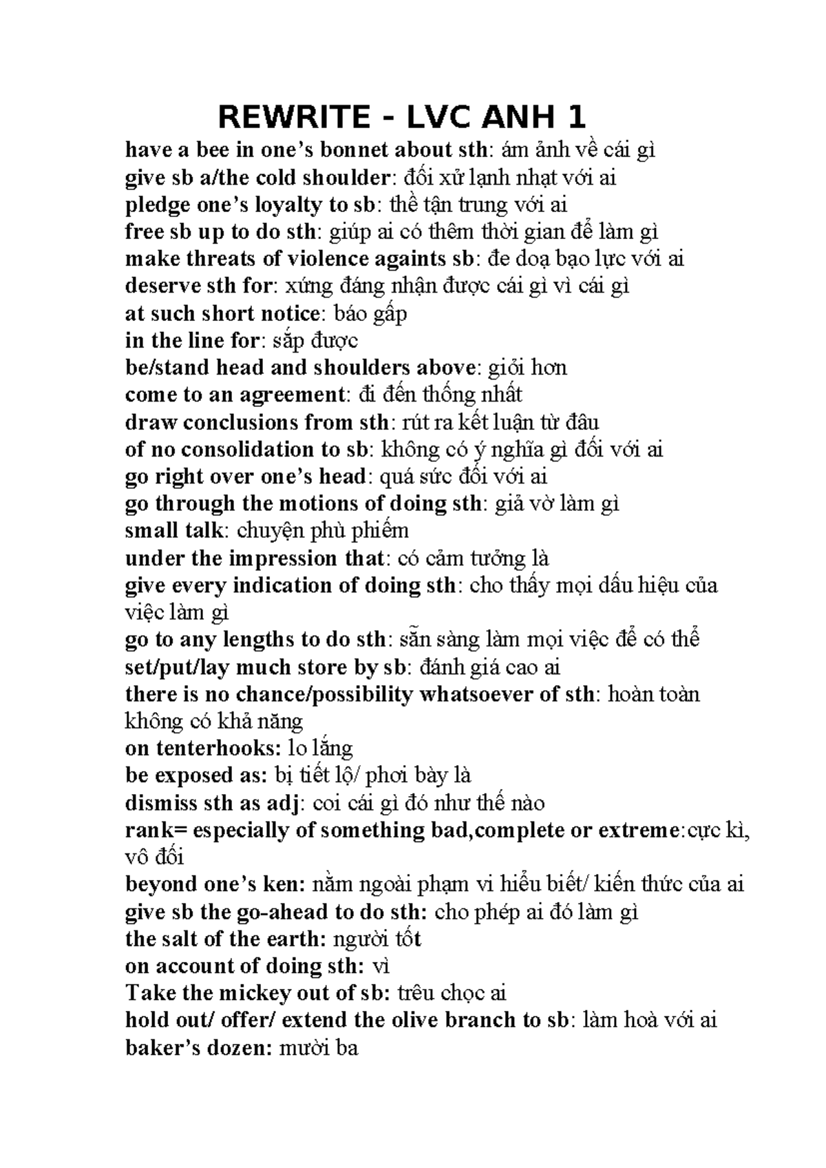 Idiom Notes for LVC ANH 1: Understanding Common Expressions - Studocu