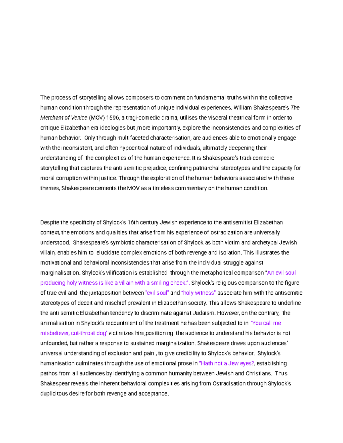 MOV 1596: Exploring Human Condition in Shakespeare's Merchant of Venice ...