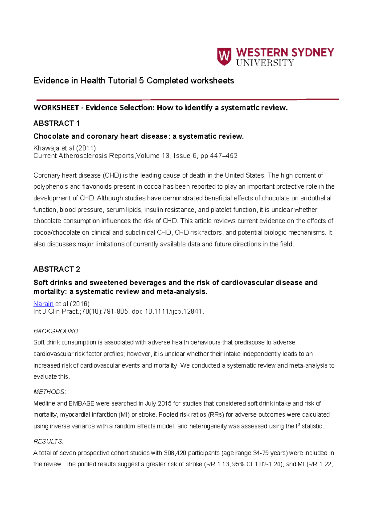 EIH Tutorial 5: Systematic Review Evidence Selection Worksheets - Studocu