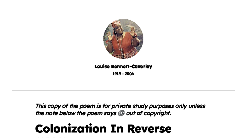 Colonization In Reverse: Poem Analysis (1919-2006) - Studocu