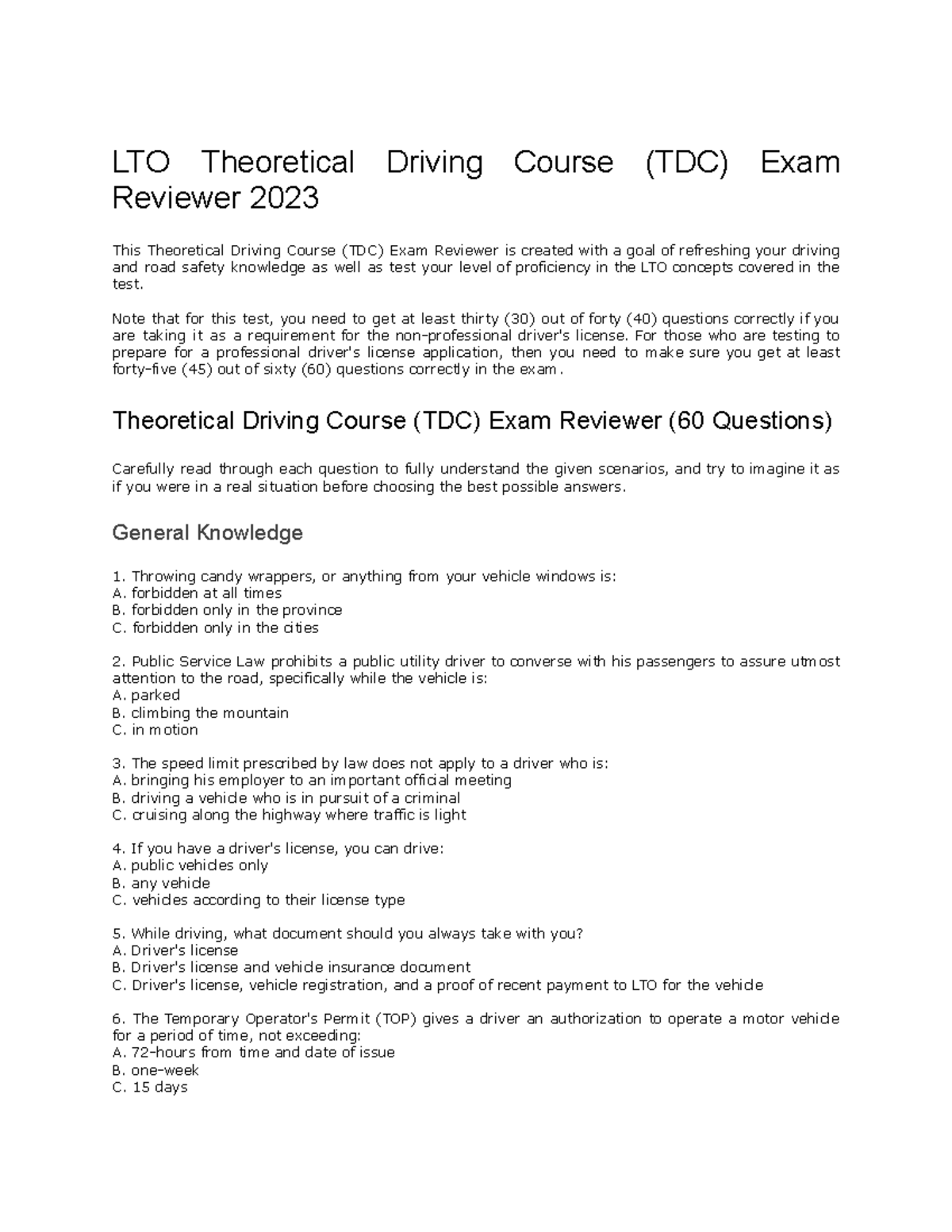 LTO TDC Exam Reviewer 2023: Essential Driving Knowledge Guide - Studocu