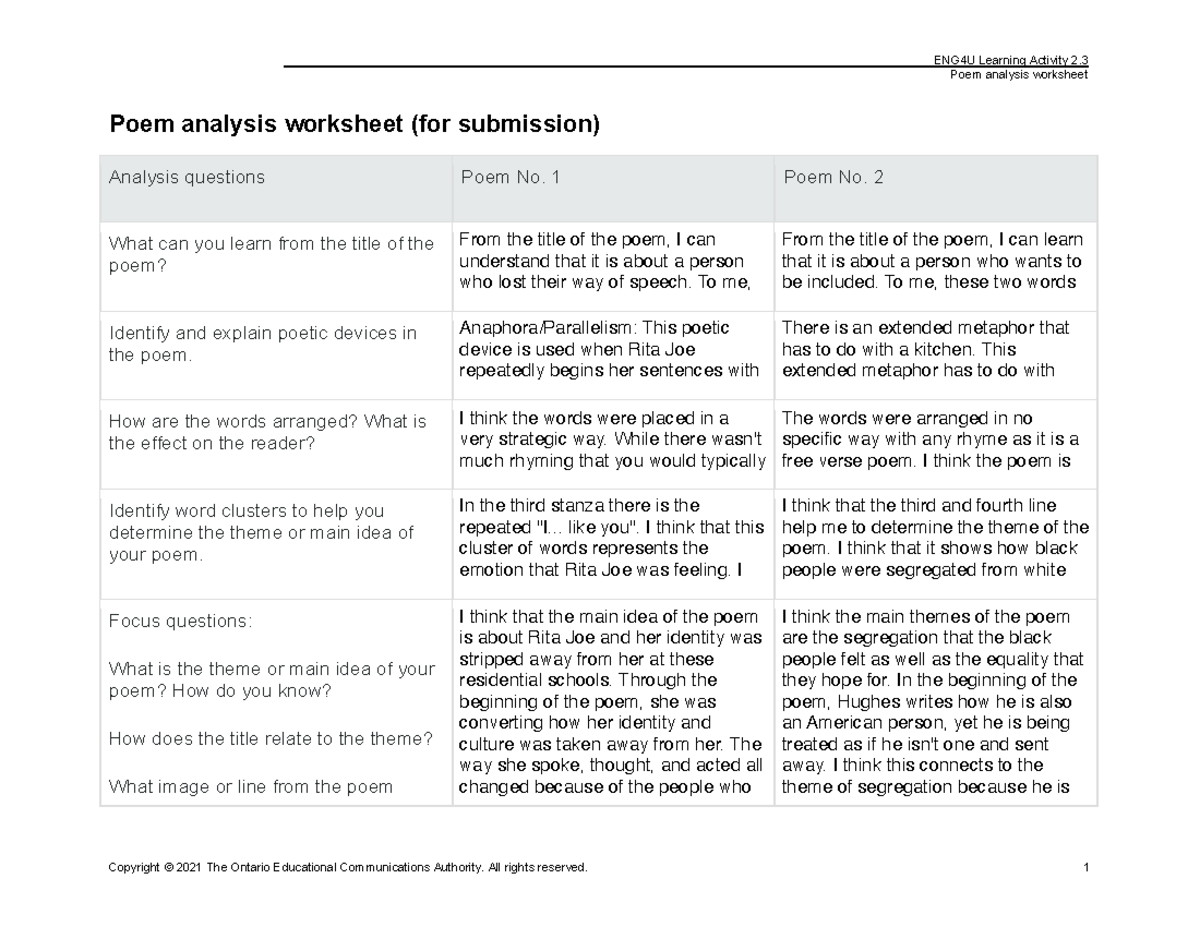 ENG4U 02 Poem Analysis Worksheet and Graphic Organizer - Studocu