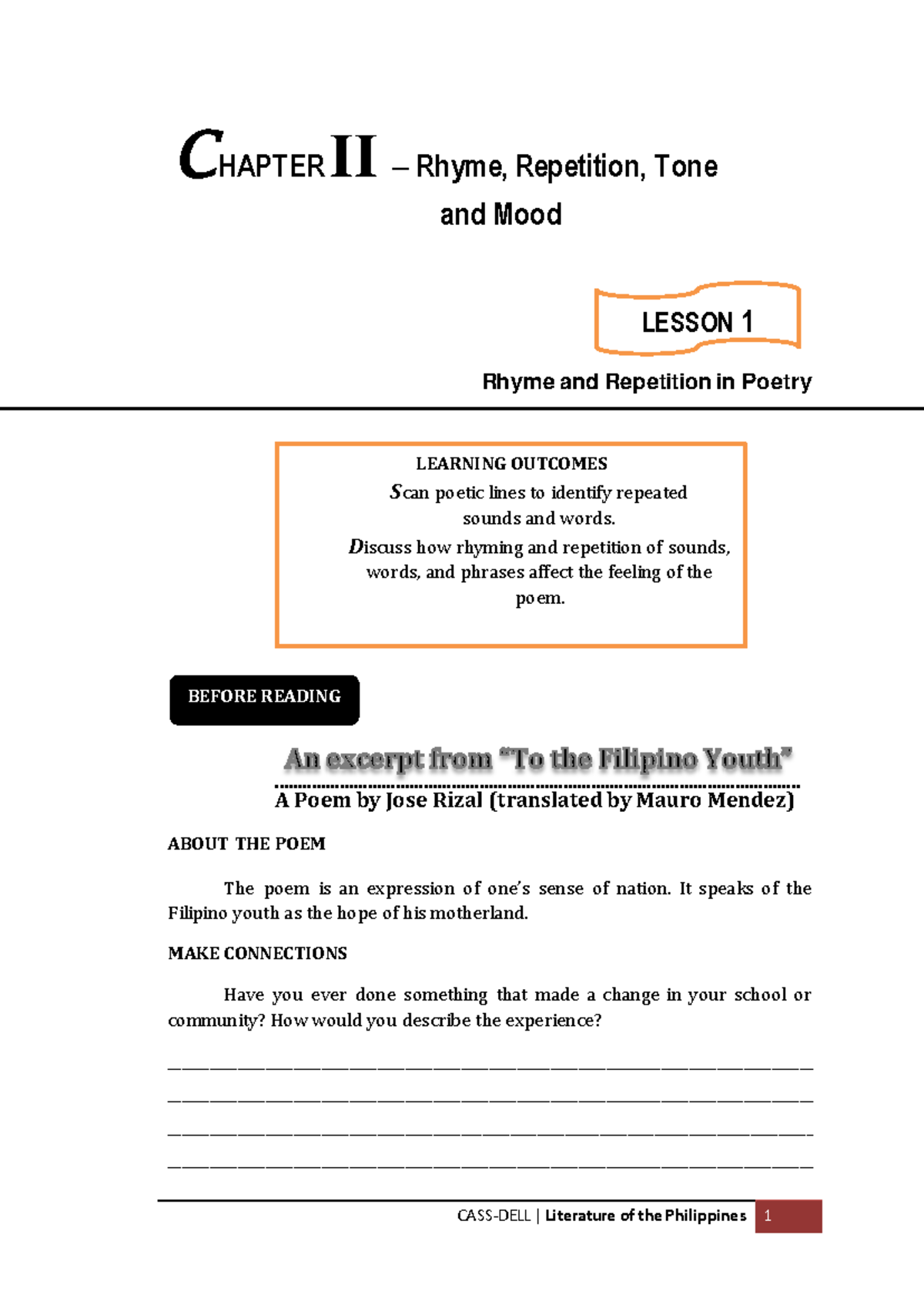 2 Chapter II Lesson 1 Rhyme AND Rhythm IN Poetry - BEFORE READING C ...