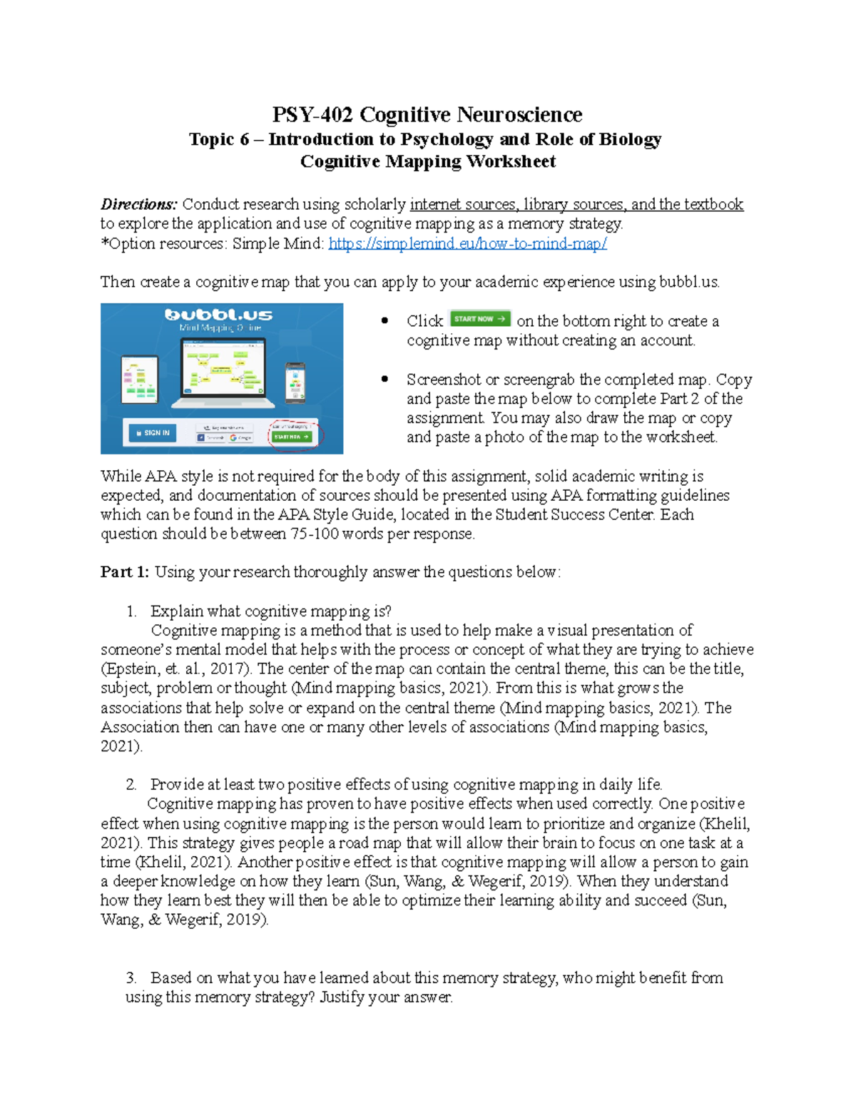 PSY-402 Cognitive Mapping Worksheet: Strategies for Academic Success ...