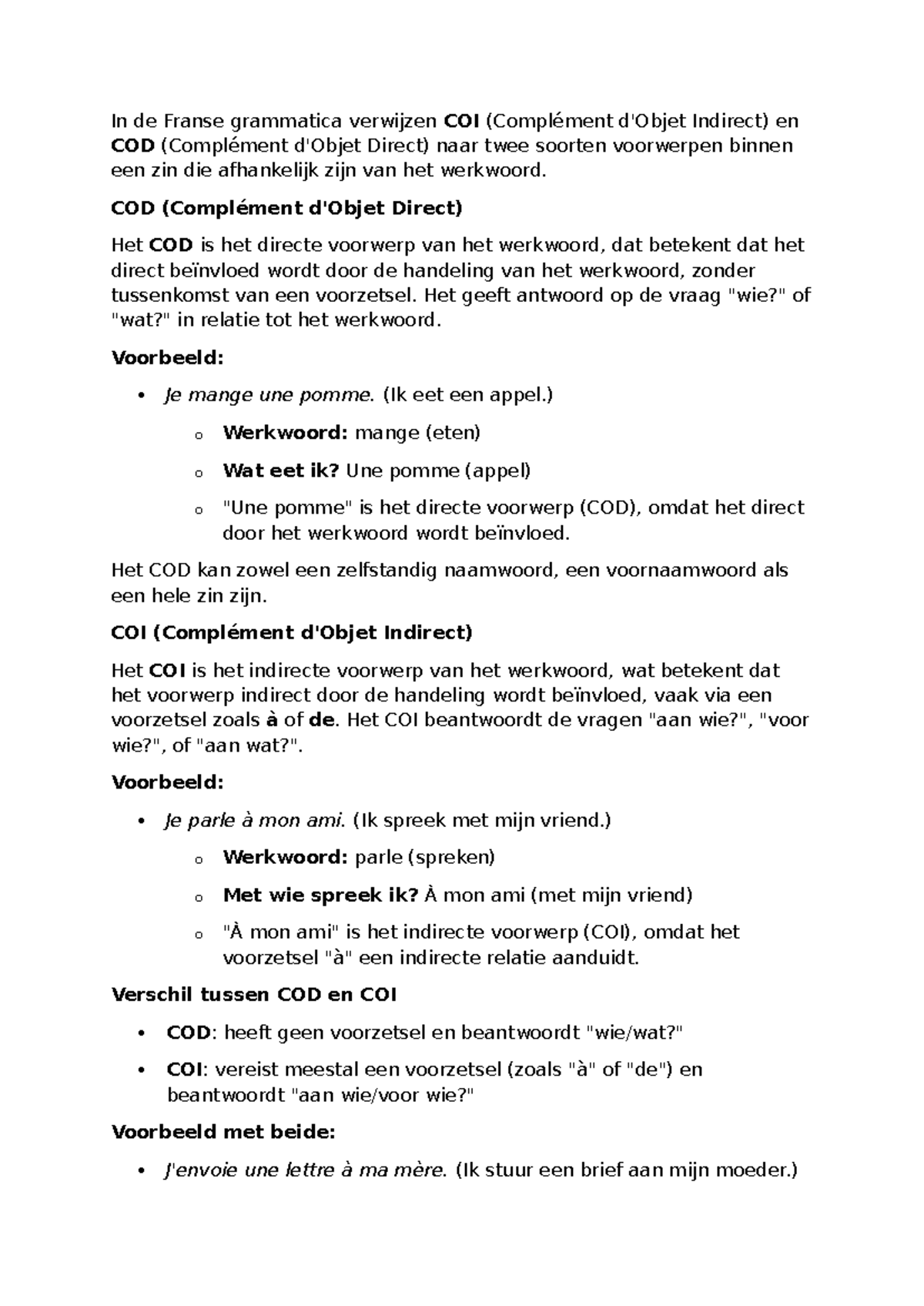 COD en COI in de Franse Grammatica: Uitleg en Voorbeelden - Studocu