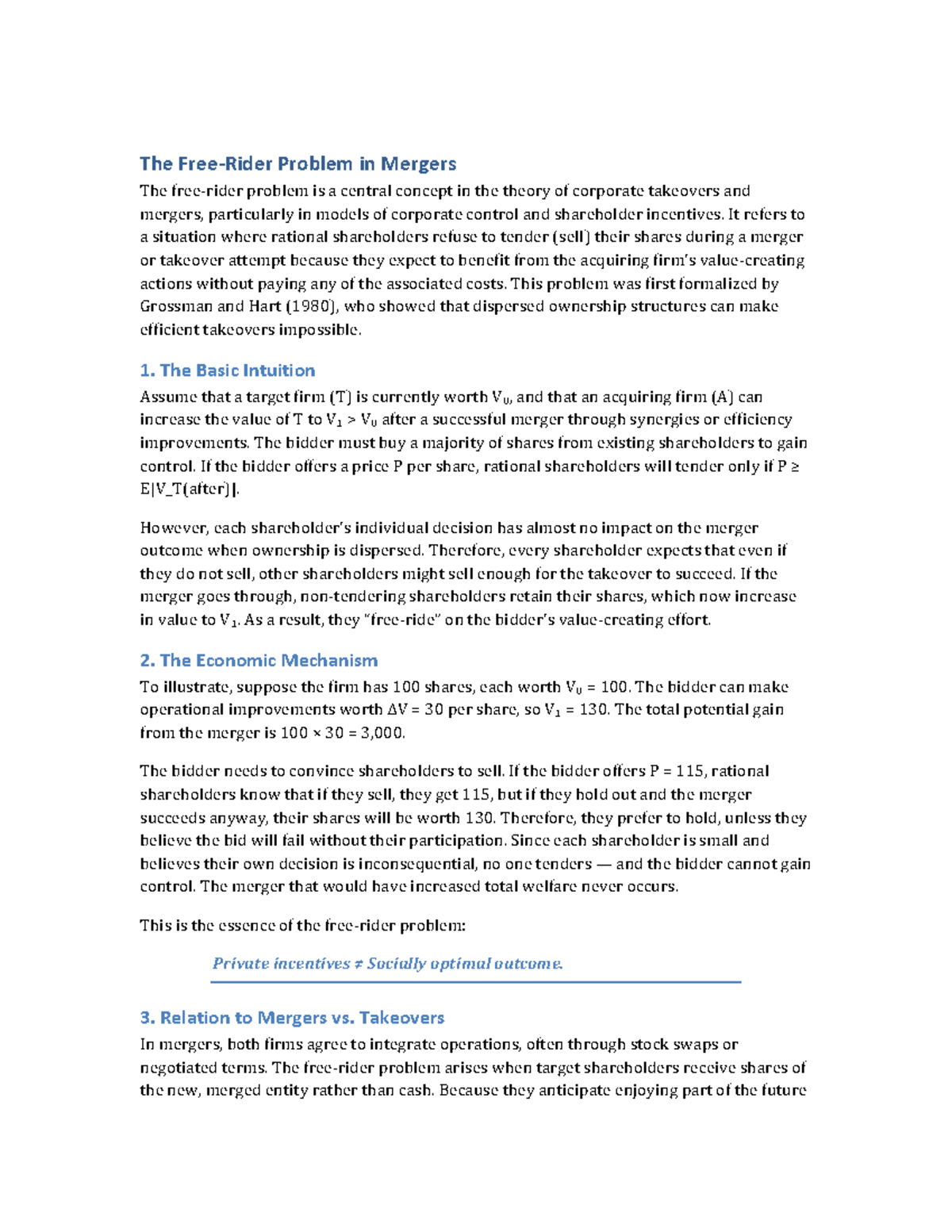 The Free Rider Problem in Mergers and Takeovers: An Analysis - Studocu
