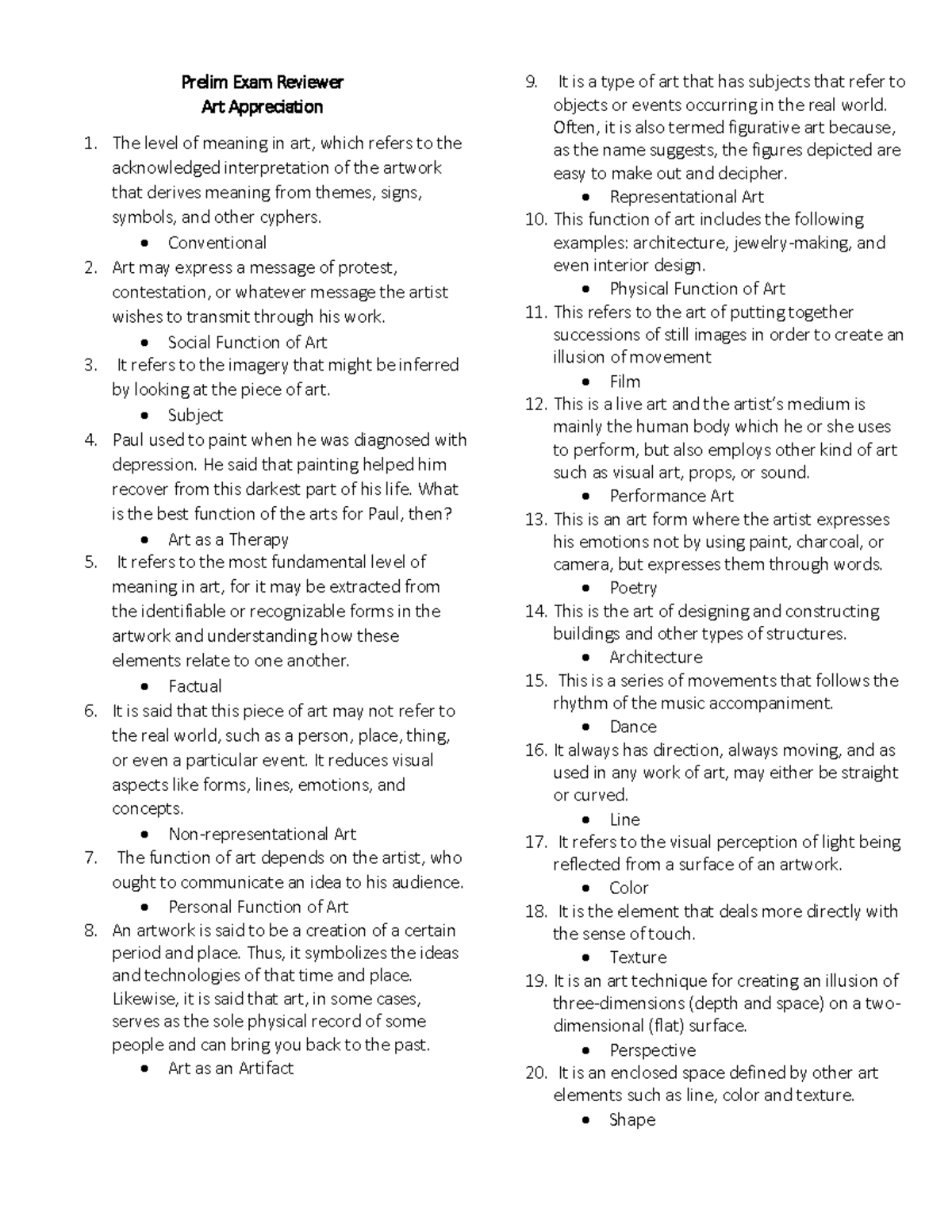 ARTA-QUIZ - Prelim Exam Reviewer on Art Appreciation - Studocu