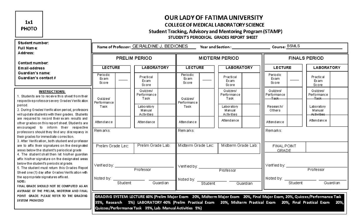 Grade Stamp Form - Student Periodical Grades Report (Medical Lab Sci ...