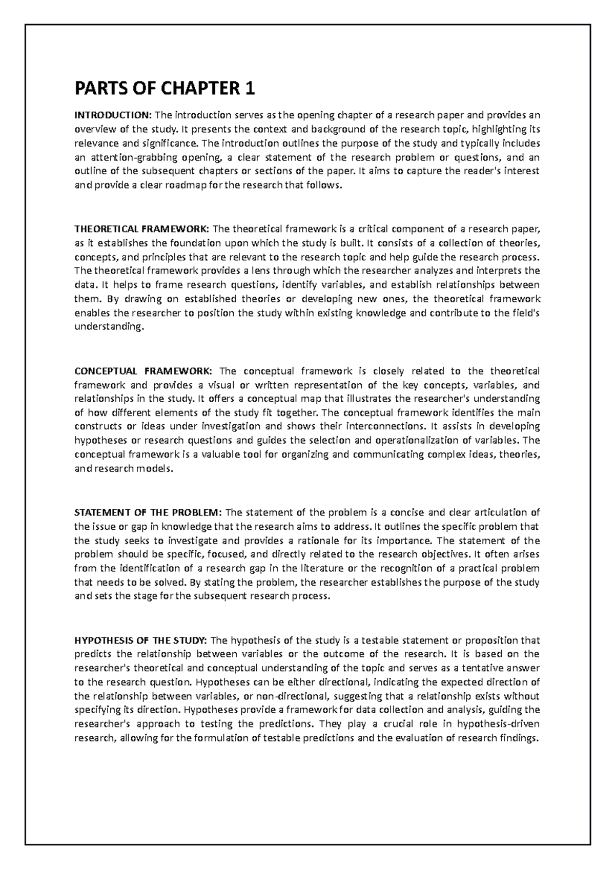 Parts of Research Paper: Chapters 1-5 Overview and Analysis - Studocu