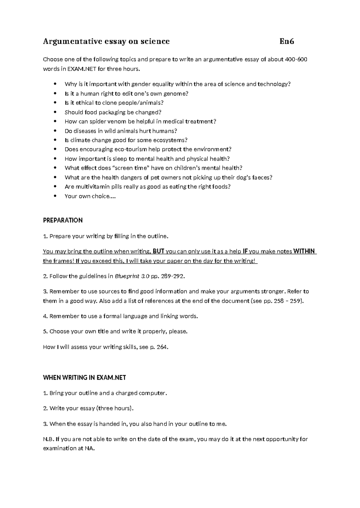 Argumentative Essay Guidelines for Science En6 Exam - Studocu