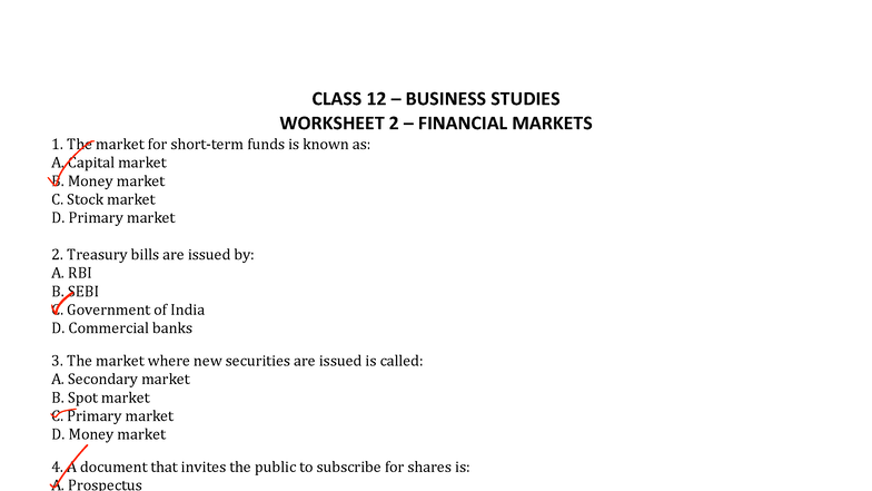 CLASS 12 BUSINESS STUDIES WORKSHEET 2: FINANCIAL MARKETS - Studocu