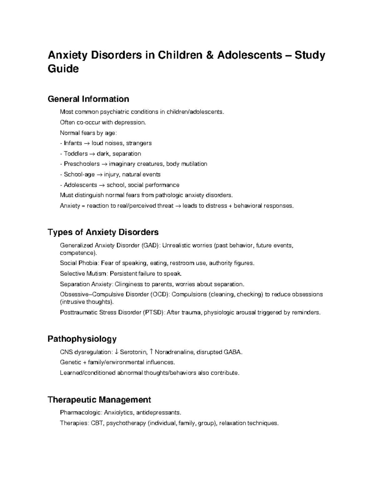 Anxiety Disorders in Children & Adolescents Study Guide - Studocu