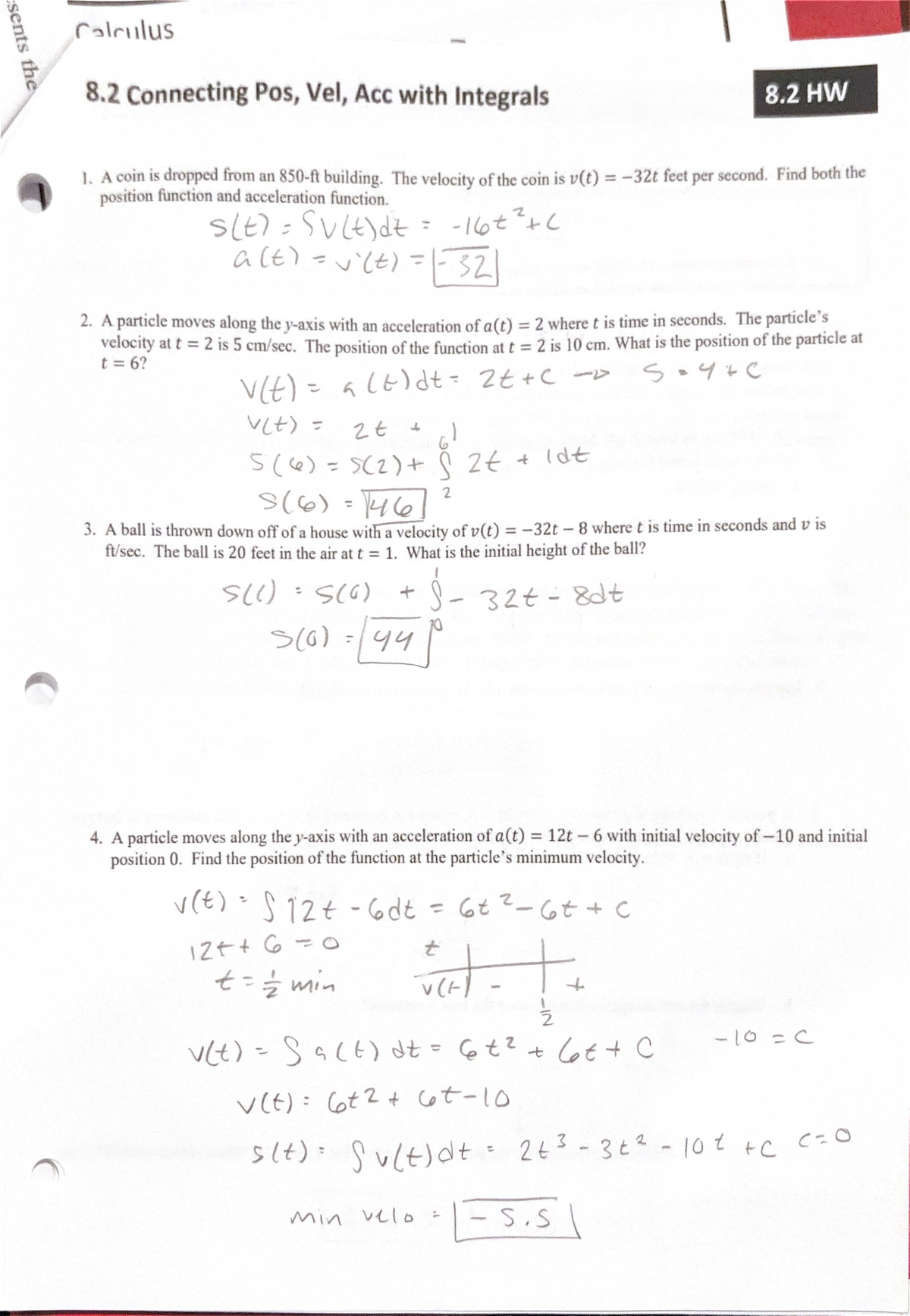 8.2 HW - Position, Velocity, and Acceleration Functions Analysis - Studocu