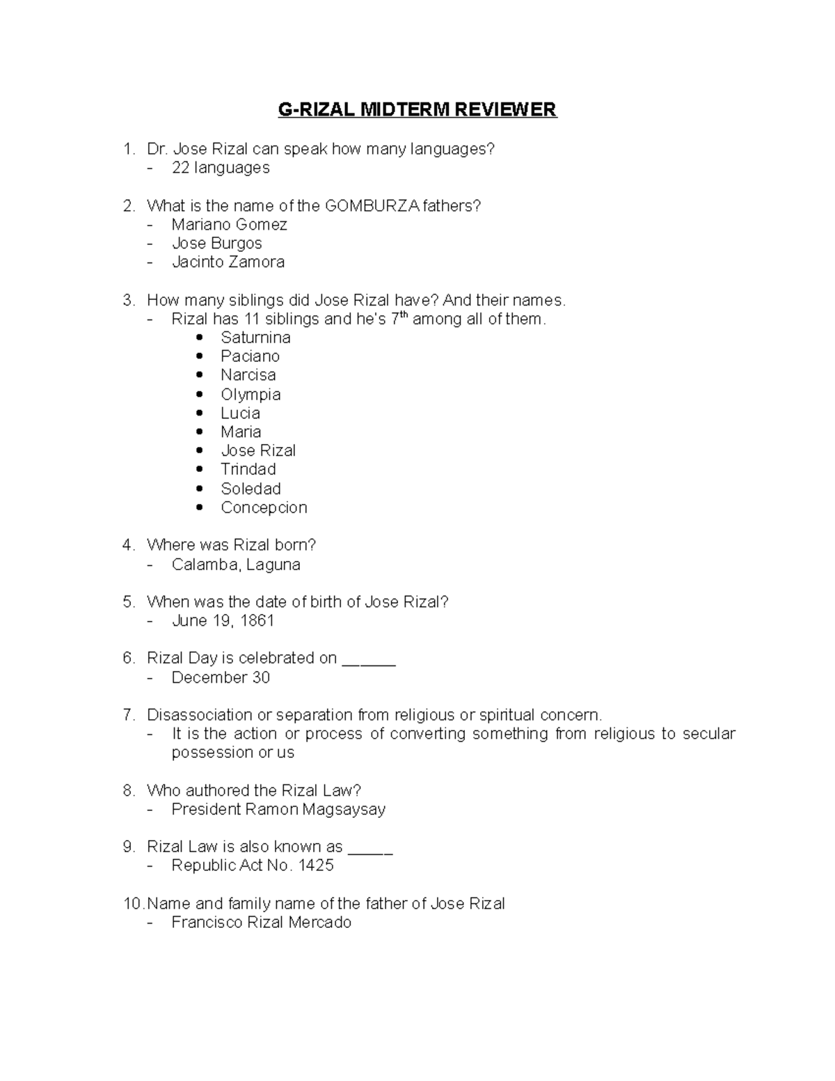 G Rizal midterm reviewer - G-RIZAL MIDTERM REVIEWER Dr. Jose Rizal can ...