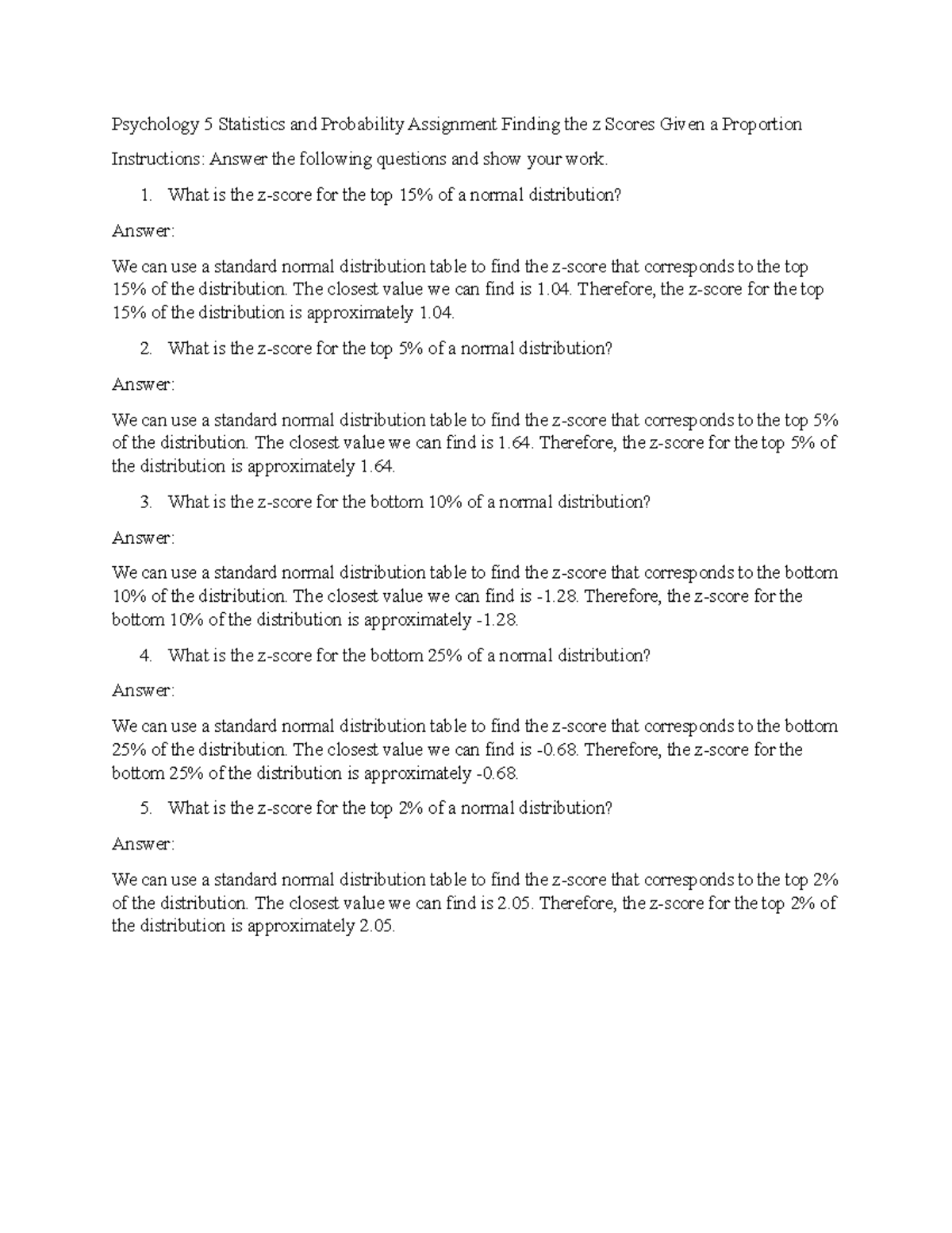 Psychology 5 Statistics and Probability Assignment Finding the z Scores ...